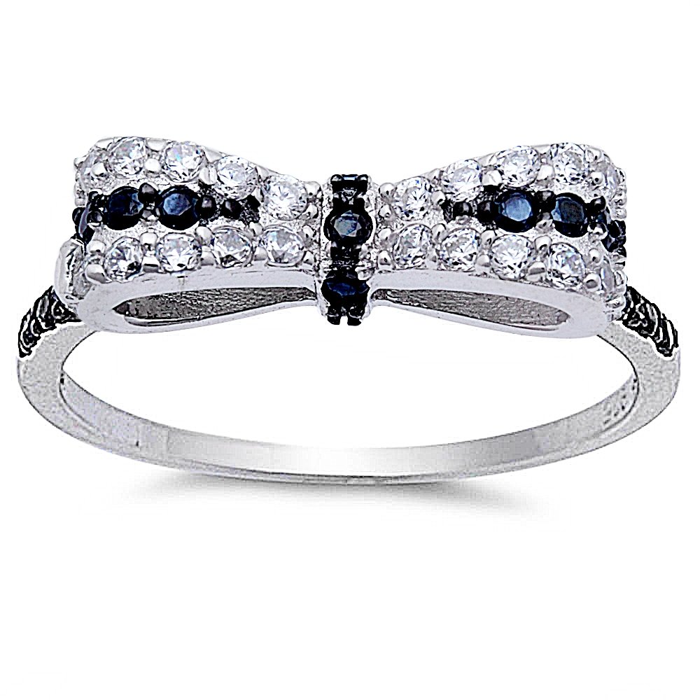 Oxford Diamond Co Black & White Cubic Zirconia Bow Tie Fashion .925 Sterling Silver Ring Size 4