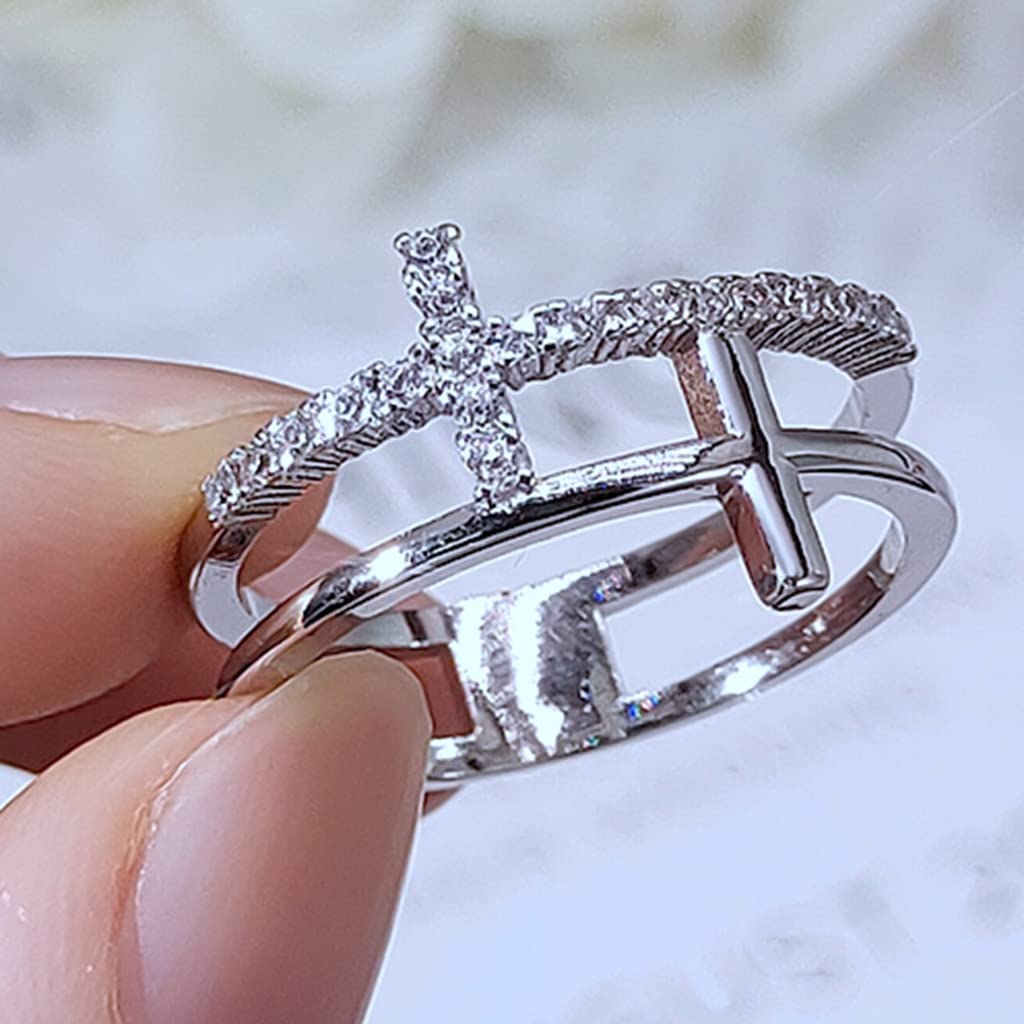 Silver Rose Gold Plated Double Christian Cross Religious Wedding Statement Christmas Holiday Ring (Silver, 8)