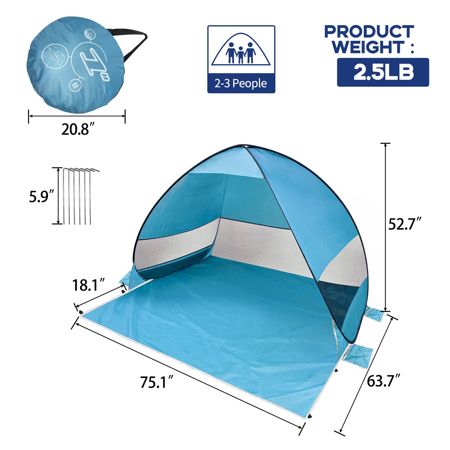 Sutekus Beach Tent Pop Up Shade Camping Shelter Lightweight Beach Canopy Anti-UV Portable Beach Shade Canopy Cabana (Blue)