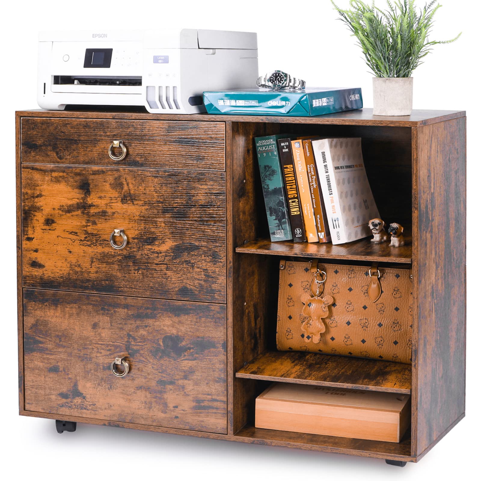 TQVAI 3-Drawer File Cabinet, Mobile Filing Cabinet, Wood Printer Stand with Adjustable Open Storage Shelf, Archaize(Antique)