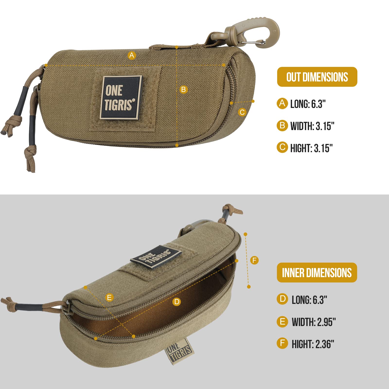 OneTigris Eyeglasses Hard Case Tactical Molle Zipper Sunglasses Carrying Case 1000D Nylon with Clip (Coyote Brown)