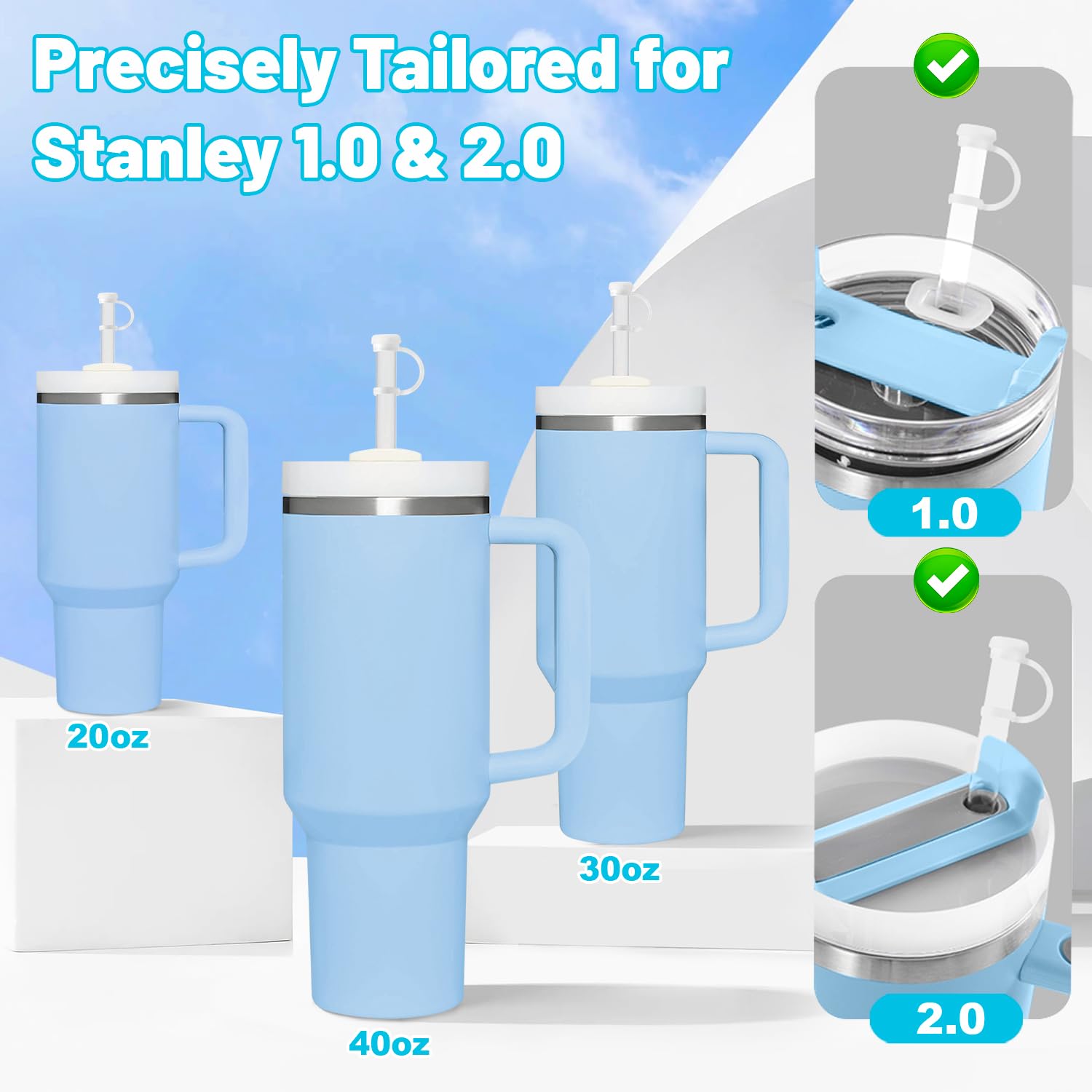 Pyard Upgraded 6Pcs Silicone Spill Proof Stopper Set, Accessories for Stanley Cup 1.0/H2.0 Tumbler 20oz/30oz/40oz, Straw Cover Cap for Stanley, Square Spill Stopper, Round Leak Stopper for Stanley