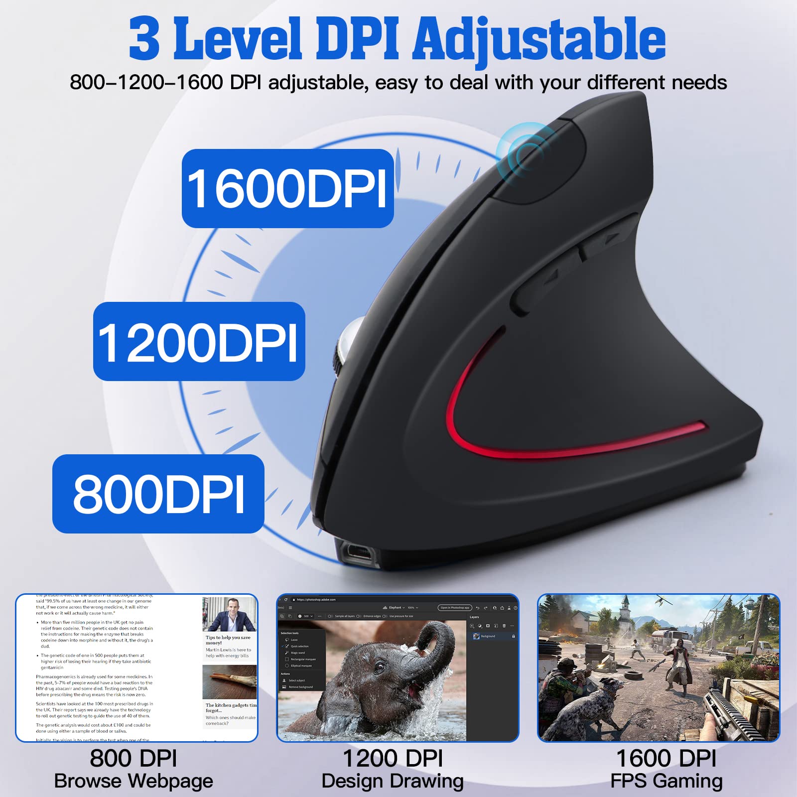 VEGCOO Vertical Wireless Mouse, 2.4GHz Rechargeable Ergonomic Mouse, Optical Mice with Comfortable Frosted Texture, 3 Adjustable DPI Office Computer Mice Compatible with PC,Desktop,Laptop
