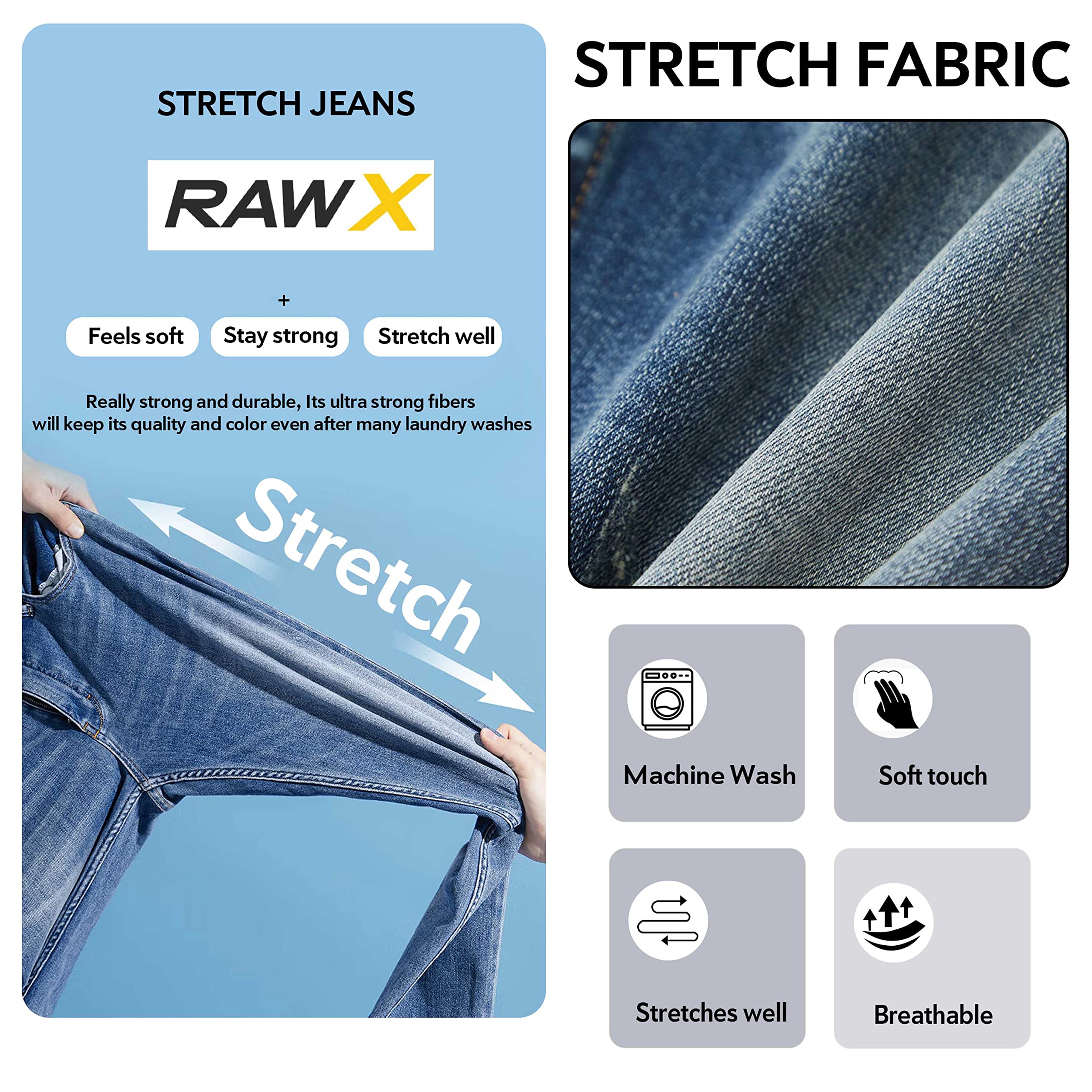 RAW X Mens Jeans Slim Fit, Washed Ripped Distressed Moto Stretch Denim Biker Pants for Men, 99119-black Wash, 34W x 32L