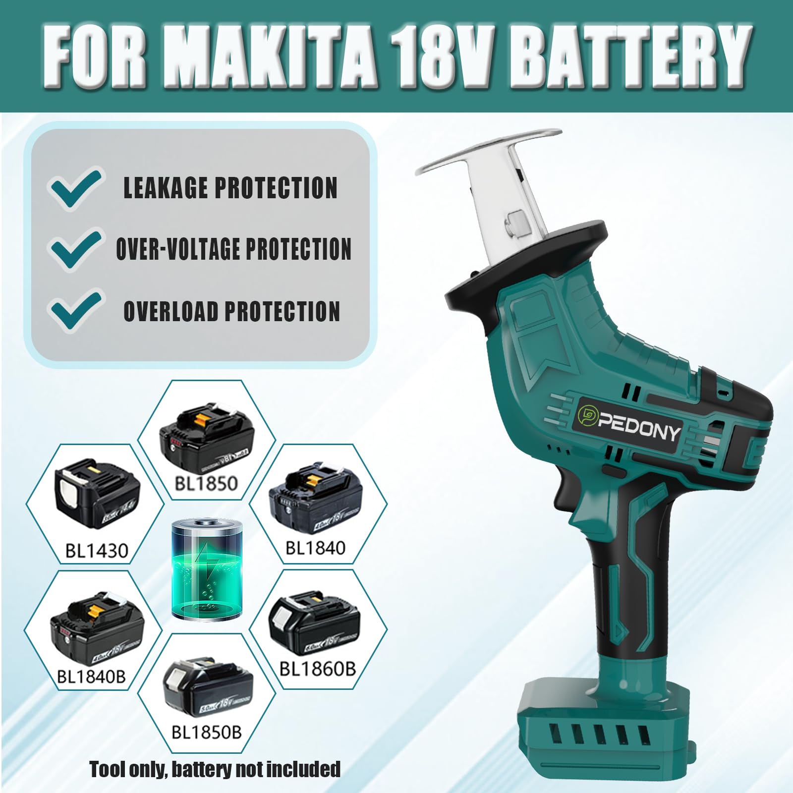 PEDONY Cordless Reciprocating Saw for Makita 18V Battery Powerful Reciprocating Saw with 4 Saw Blades Variable Speed Trigger for Wood/Metal/PVC Cutting (Tool Only)