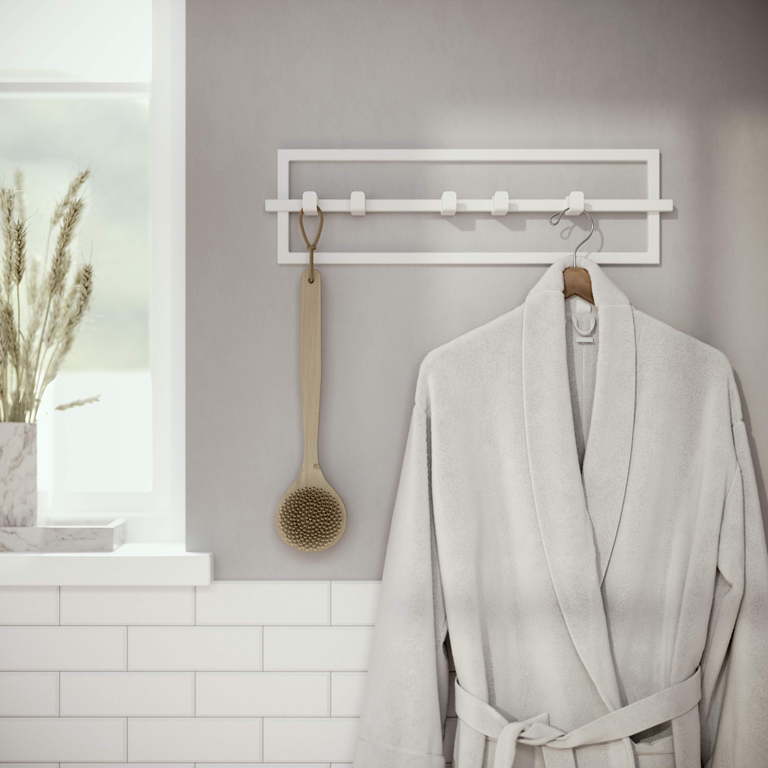 Umbra Cubiko Wall Mounted Modern, Sleek, Space-Saving Hanger with Retractable Hooks to Hang Coats, Scarves, Purses and More, 5, White