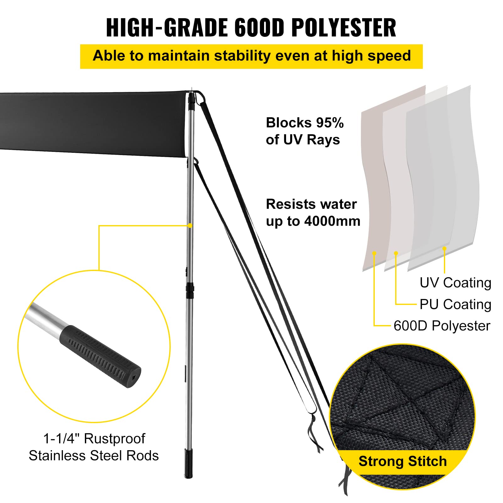 VEVOR T-Top Sun Shade Kit 6' x 7', UV-Proof 600D Polyester T-top Extension Kit with Rustproof Steel Telescopic Poles, Waterproof, Easy to Assemble for T-Tops & Bimini Top