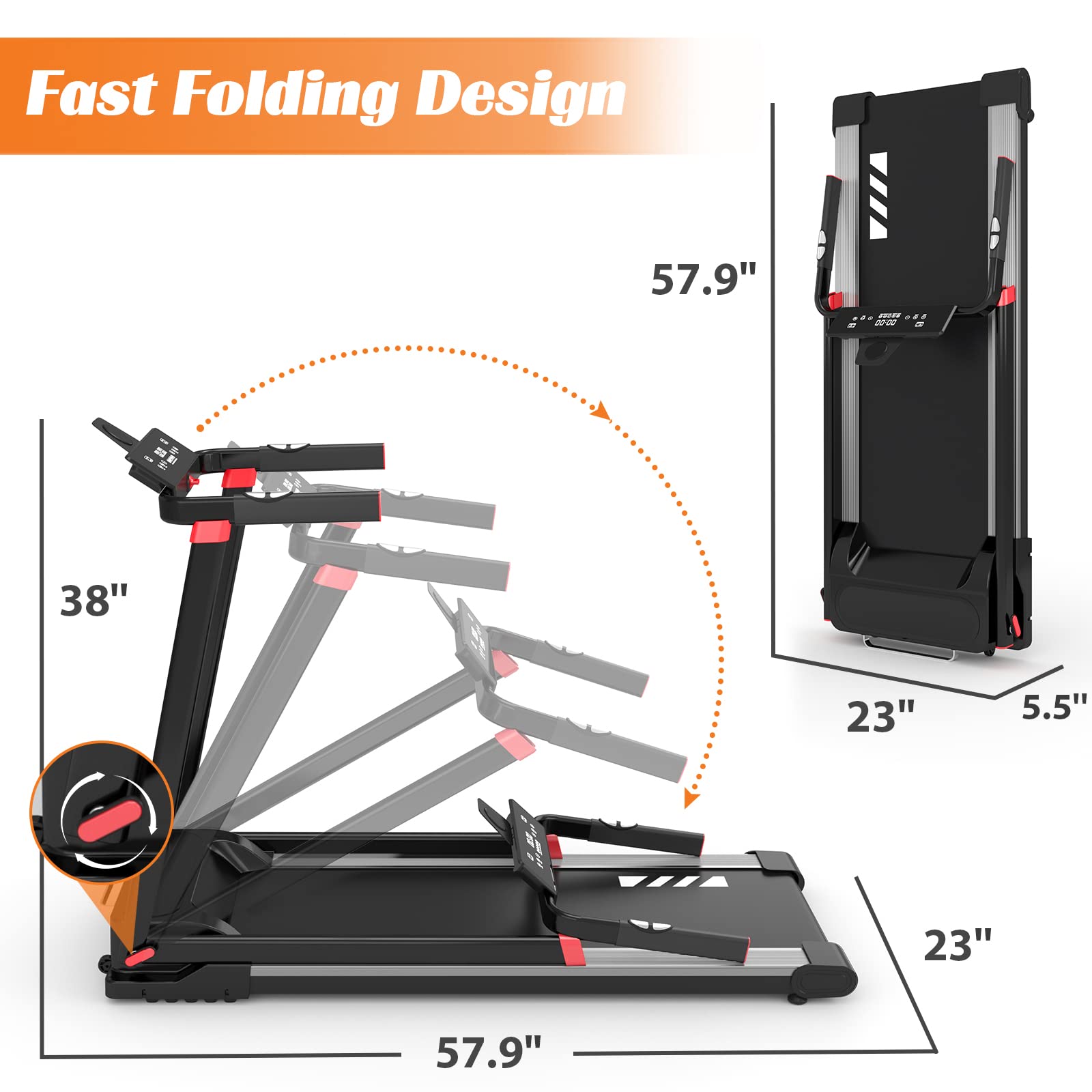 YeYeBest Folding Treadmill, Infrared Speed Regulation, LED Touch Display Screen, Max 2.25 HP 220 LBS Capacity Folding Treadmill, Walking Jogging for Home Office