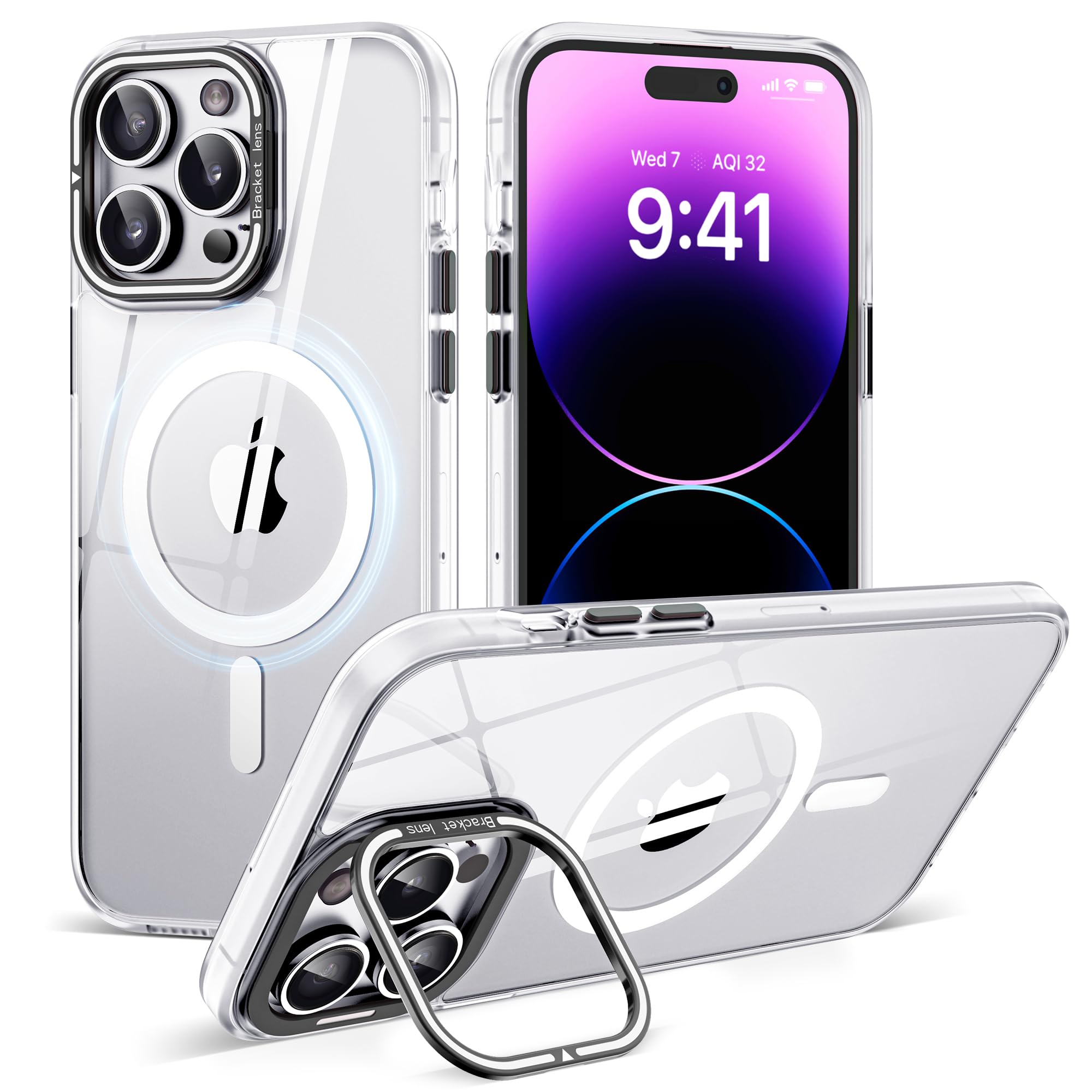 Paletatb Magnetic Case for iPhone 13 Pro Max Case with Camera Stand [Compatible with MagSafe] [Military Drop Tested] Shockproof Slim Clear 13 Pro Max Phone Case for Women Men 6.7'' 2021, Silver