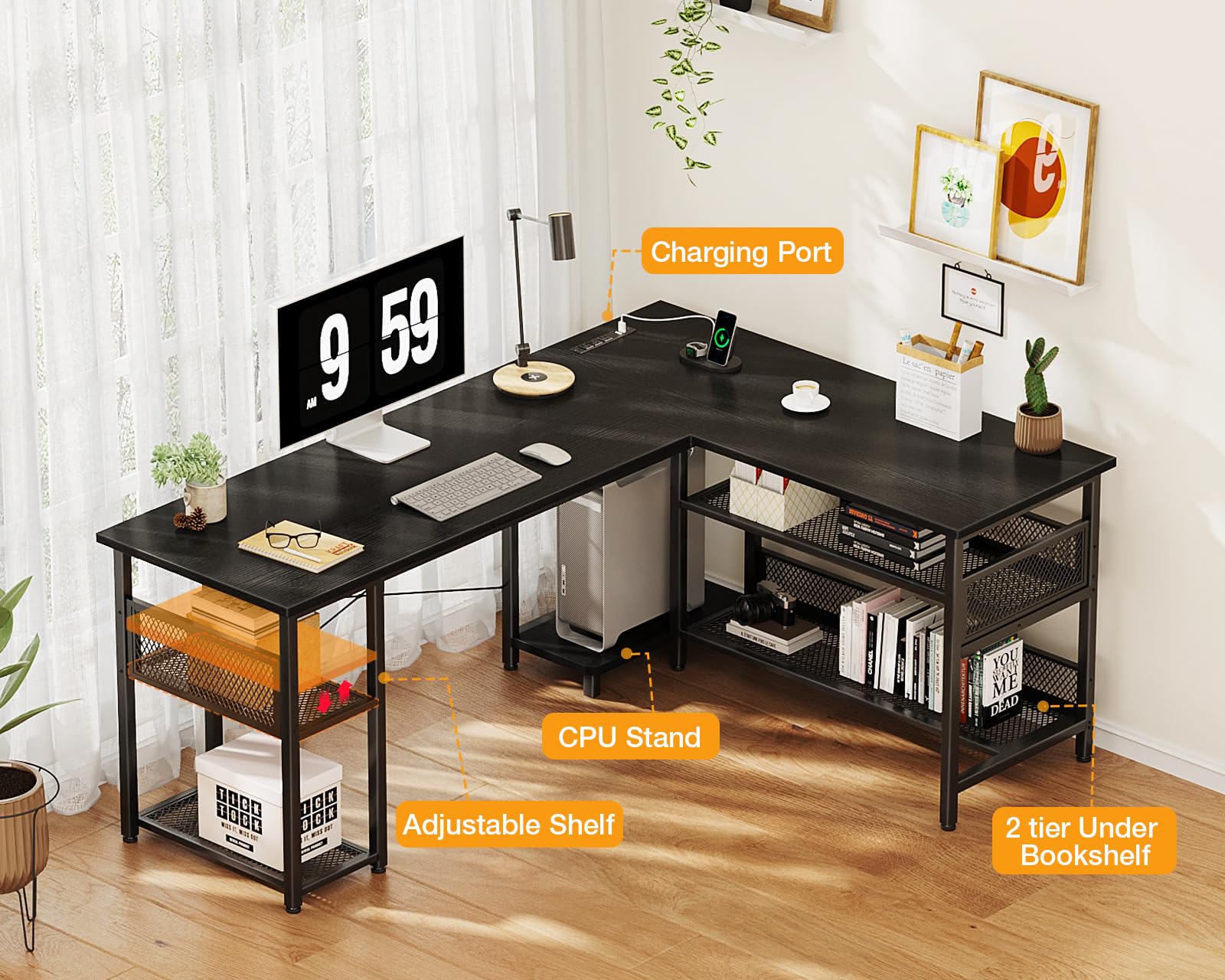ODK 59" L Shaped Desk with Power Outlet and USB Charging Ports, Reversible L Shaped Computer Desk with Storage Shelves, Home Office Desk, Gaming Desk, Corner Desk, Black