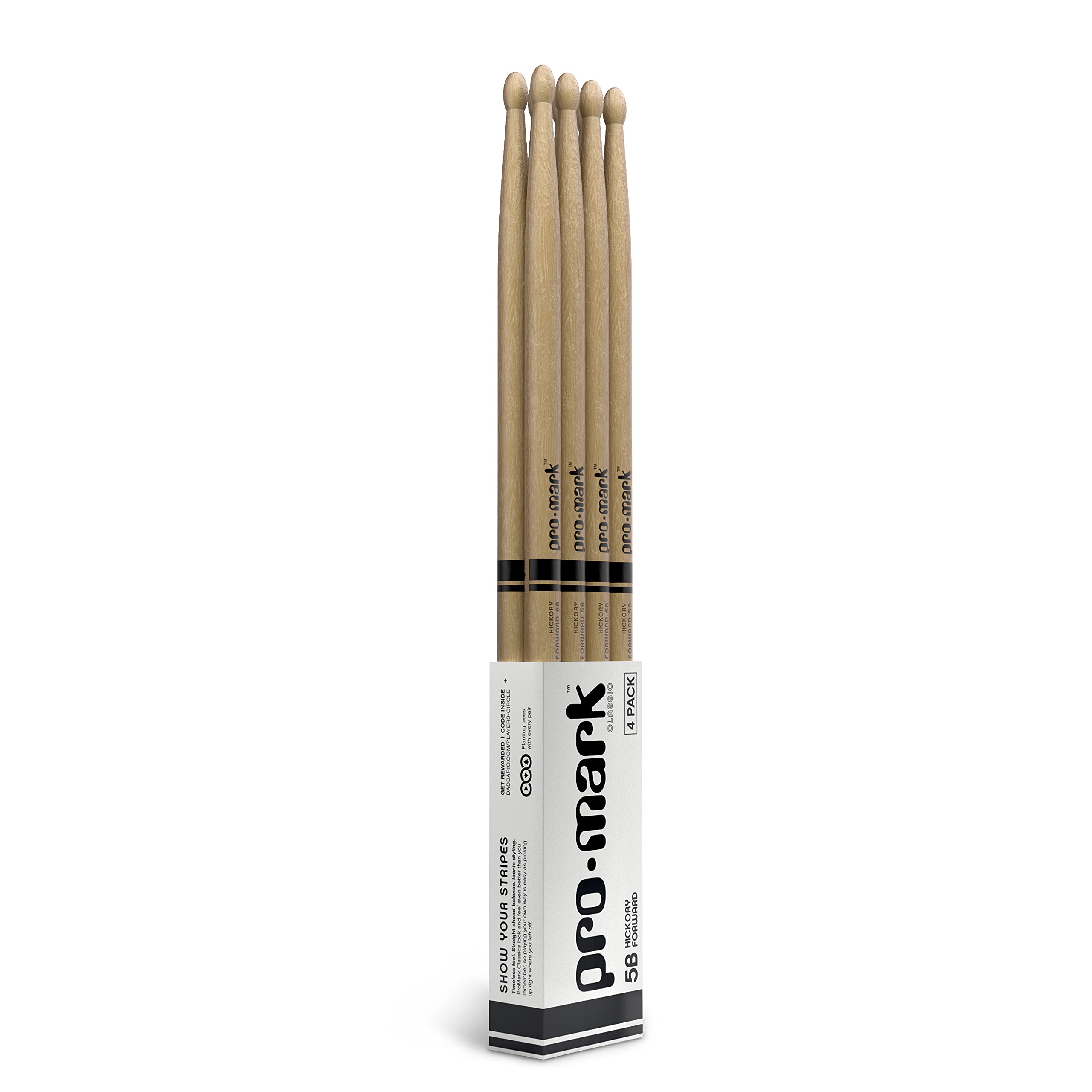 ProMark Drum Sticks - Classic Forward 5B Hickory Drumsticks, Oval Wood Tip, Buy 3 Pairs Get 1 Free