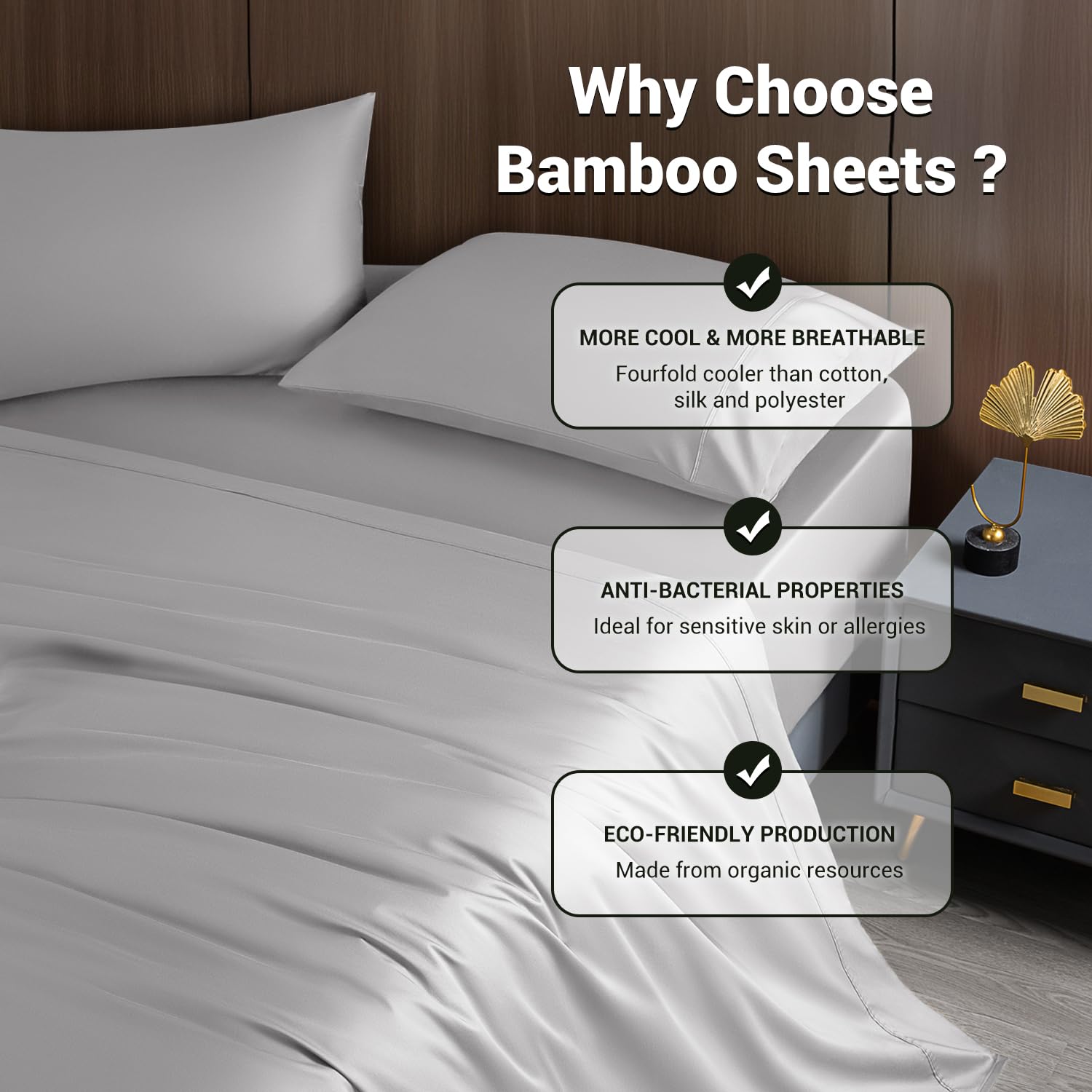 Shilucheng 4-Piece King Size Sheets Set,Blend of Rayon Derived from Bamboo_Sheets,Cooling & Breathable Bed Sheets, Silky Bedding Sheets & Pillowcases, 16 Inch Deep Pockets (King,Grey)