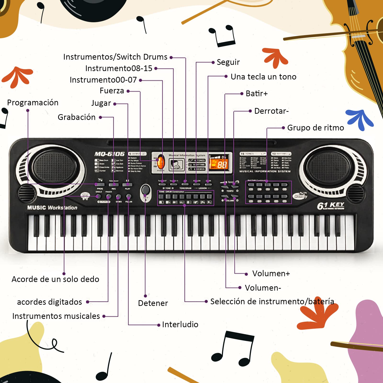 Simhoa 61-Key Digital Piano Keyboard with Microphone USB Rechargable for Bar Stage