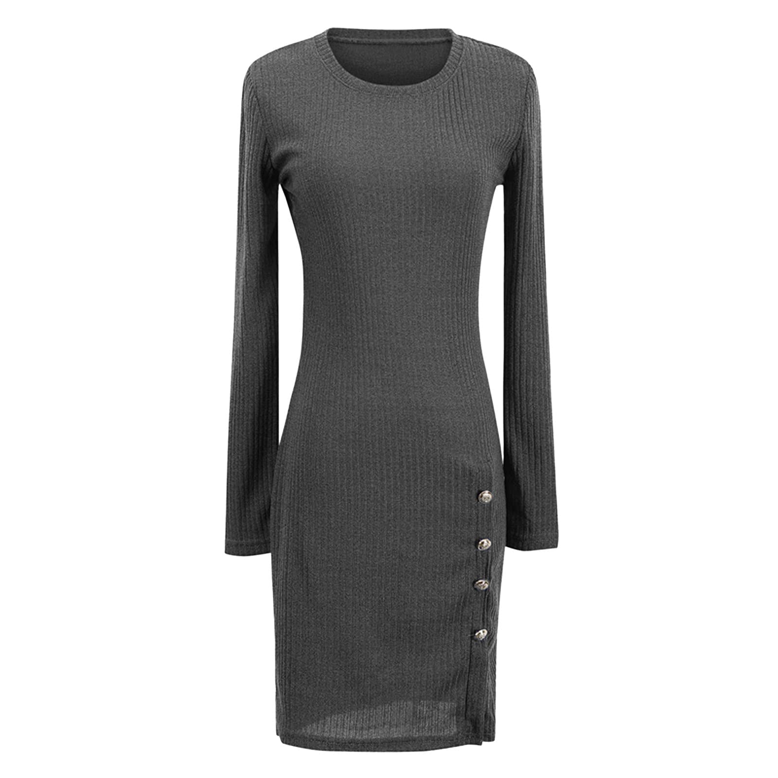 Sweater Wrap Dress for Women Button Side Split Bodycon Dress Long Sleeve Solid Slim O Neck Knitted Mini Dress Gray