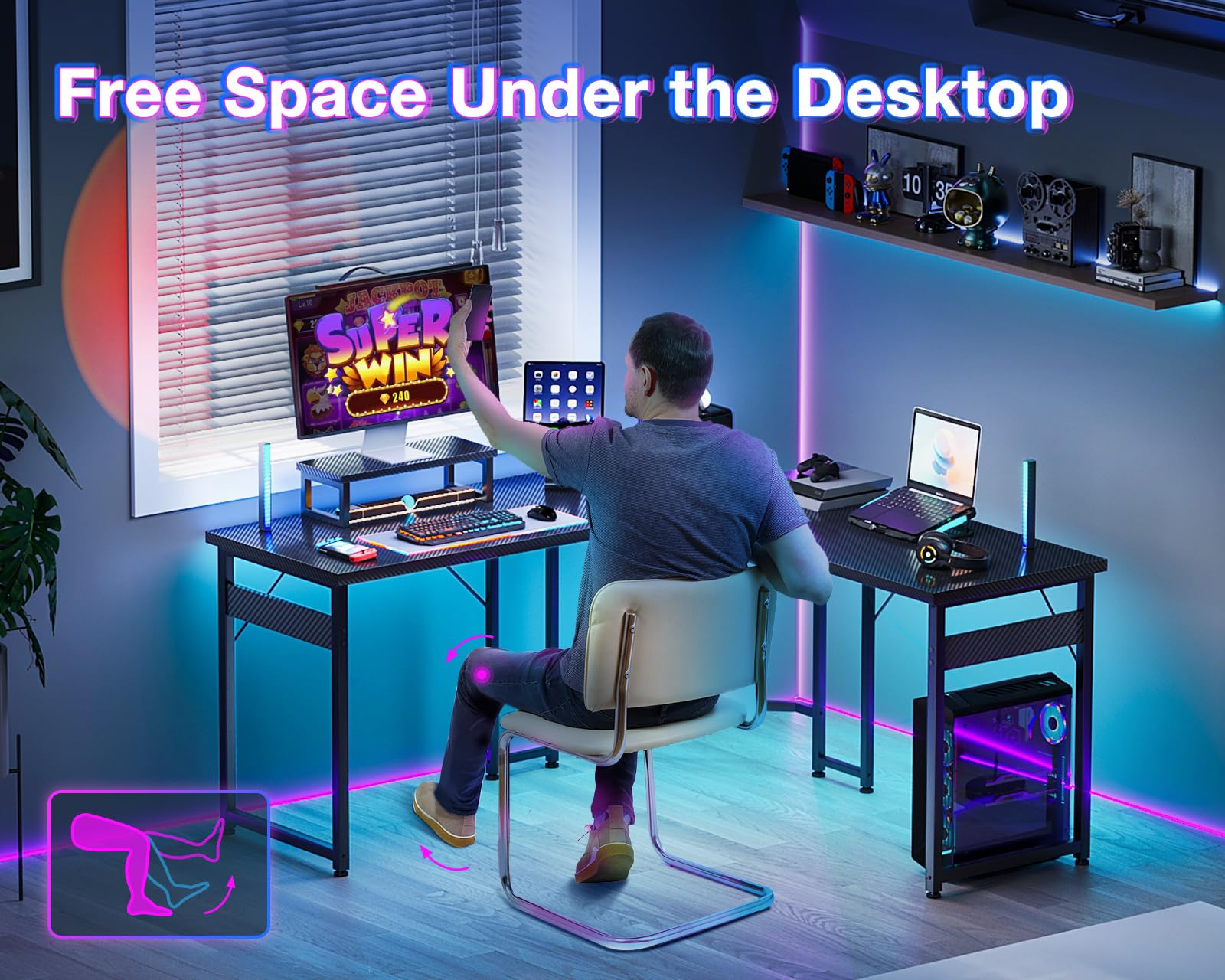 ODK L Shaped Gaming Desk with Power Outlets, 51 Inch Computer Desk with Monitor Stand, PC Gaming Desk, Corner Desk Table for Home Office Sturdy Writing Workstation, Carbon Fiber Surface, Black