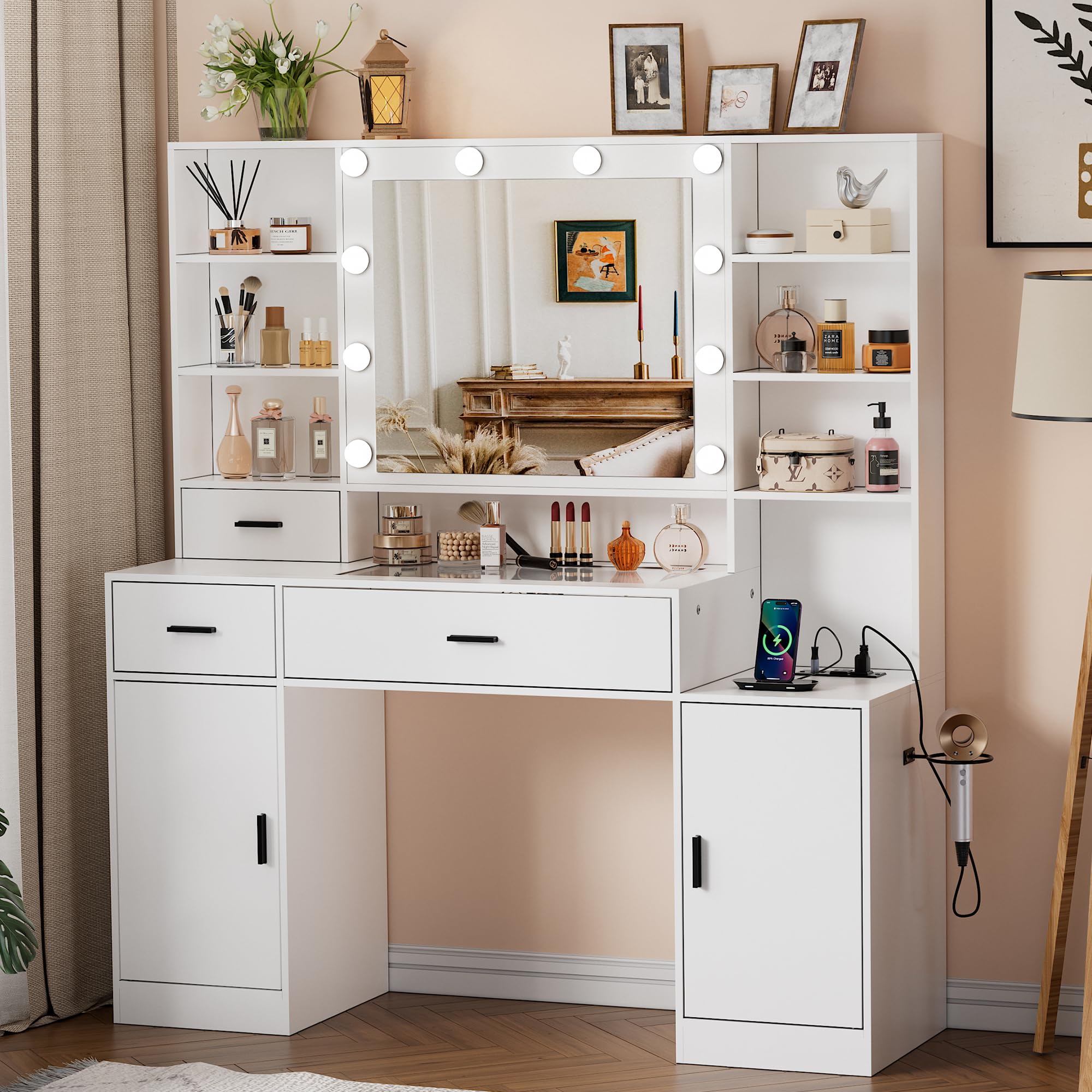 PAKASEPT Vanity Set with Lighted Mirror, Makeup Vanity with 3 Lighting Options and Charging Station, Large Vanity Desk with Storage Shelves, 5 Drawers, Glass Cabinet