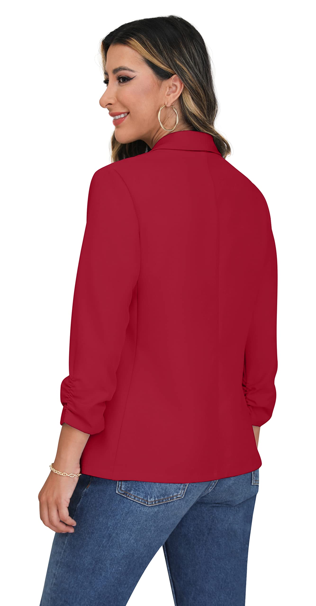 ONLYSTORY Womens Blazer Jackets for Women 3/4 Ruched Sleeve Work Casual Lightweight Blazer with Pockets Red-16