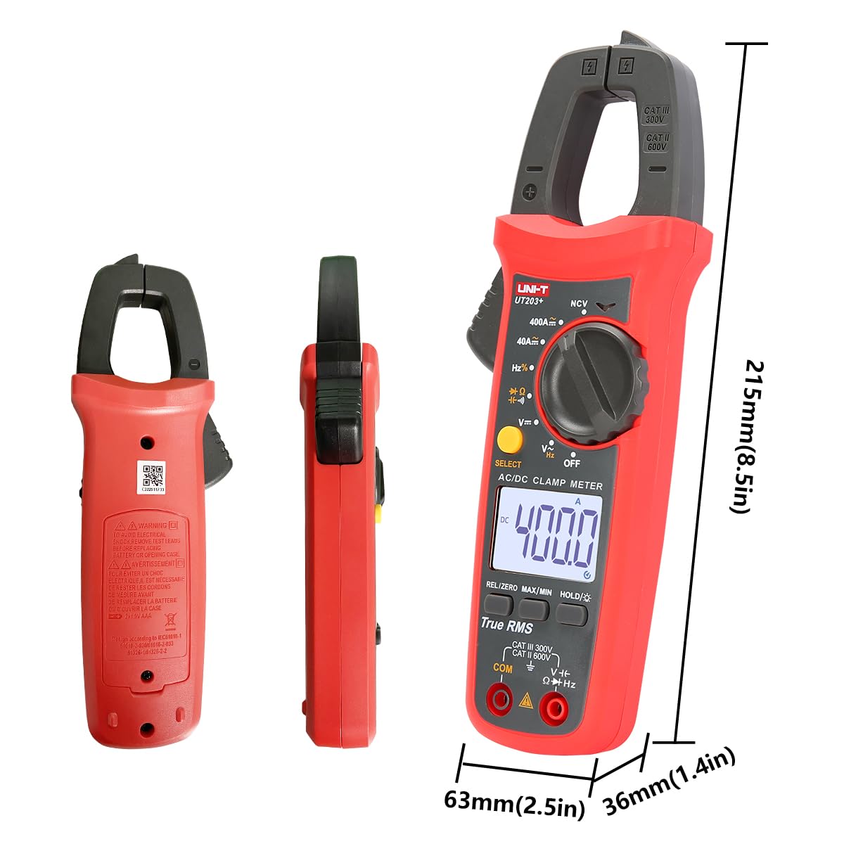 UNI-T UT204+ Digital 600A AC/DC Numeral Pincer Multimeter Ammeter Anti-Burning Anti-Misdetection Clamp Meter Multifunction Electrician Current Measurement with True Effective Value, NCV Intelligent