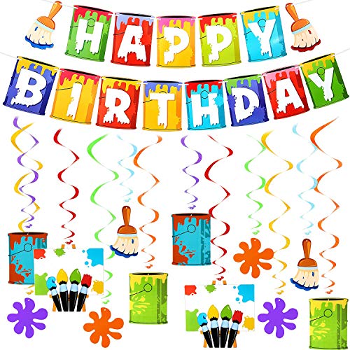Shappy 25 Pieces Art Painting Party Decorations Includes 1 Happy Birthday Art Banner 12 Painting Birthday Card and 12 Art Hanging Swirl for Art Painting Theme Birthday Party Supplies Baby Shower