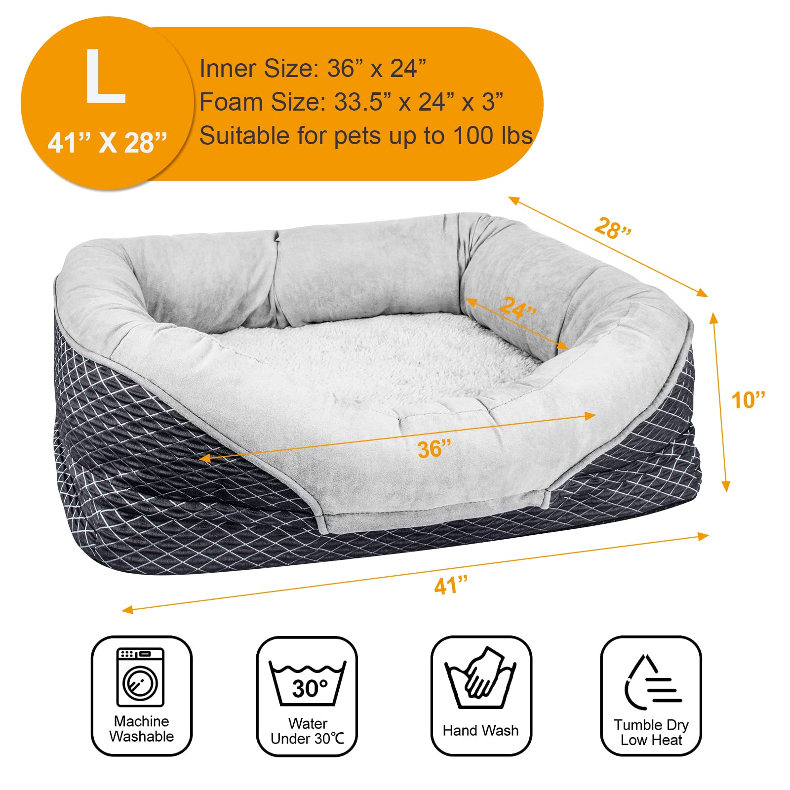 Pet Deluxe Large Gray Diamond Orthopedic Dog Bed with Removable Washable Cover,Soft Cotton Bolster, and Ultra Soft Plush Sleeping Space -(L-41x28 in)
