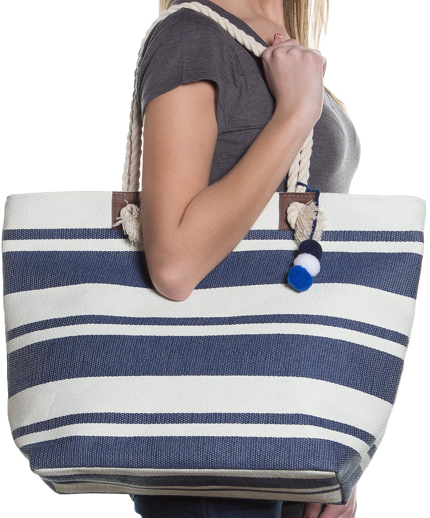 PIER 17 Women's Beach Bags | Extra Large Striped Straw Shoulder Tote with Rope Handle Zipper Closure Inner Pockets