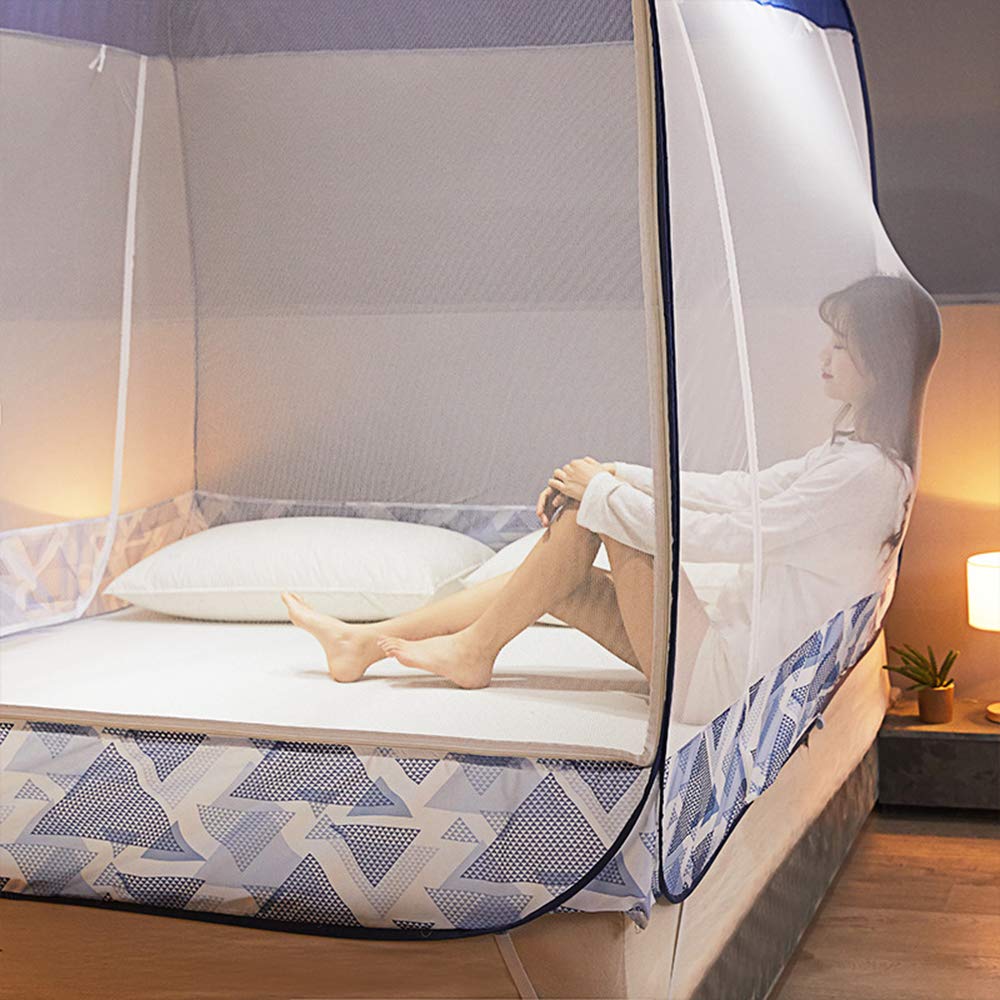 Pop-Up Mosquito Net Tent Canopy for Beds, Self-Standing Tent for Camping, w/Fully Enclosed Net Bottom, Folding Portable Design for Baby Adults Trip (Blue & Queen)