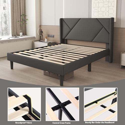 QIAYA Bed Frame Queen Size Upholstered Platform with Fabric Wingback Headboard/12 Solid Wooden Slats, Non-Slip and Noise-Free, No Box Spring Needed, Dark Gray
