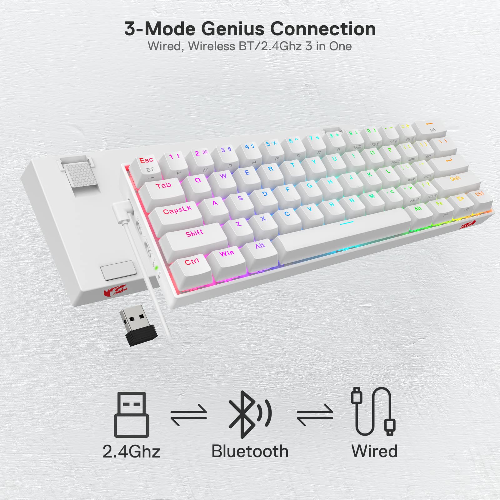 Redragon K530 Pro Draconic 60% Wireless RGB Mechanical Keyboard, BT/2.4Ghz/Wired 3-Mode 61 Keys Compact Gaming Keyboard w/Hot-Swap Socket, Free-Mod Plate Mounted PCB & Tactile Brown Switch