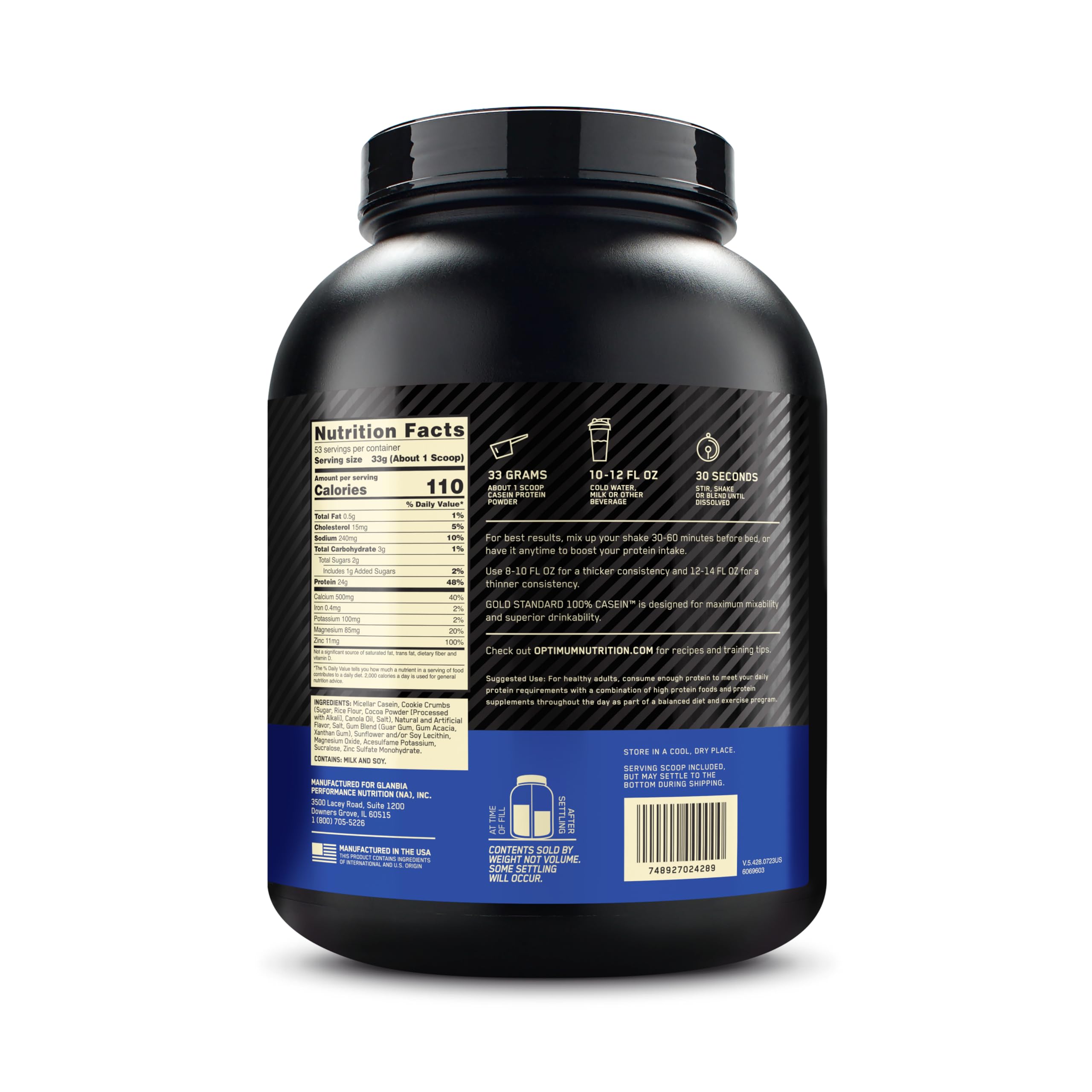 Optimum Nutrition Gold Standard 100% Micellar Casein Protein Powder, Slow Digesting, Helps Keep You Full, Overnight Muscle Recovery, Cookies and Cream, 4 Pound (Packaging May Vary)