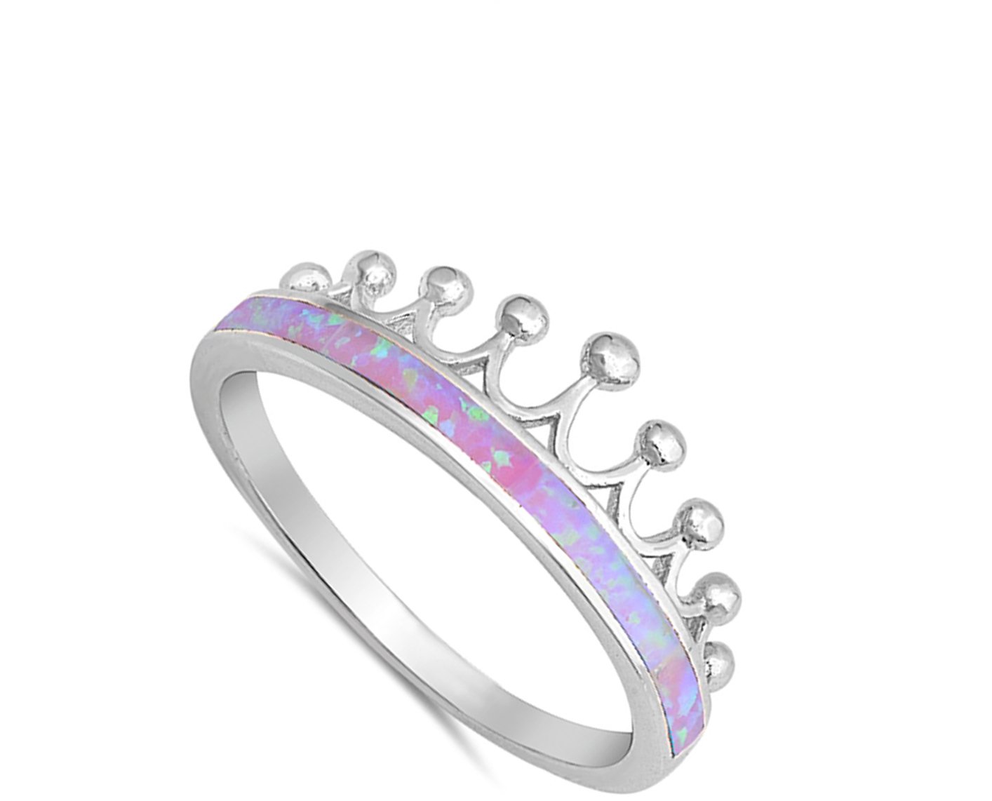 Pink Simulated Opal Crown Tiara Princess Ring New .925 Sterling Silver Band Size 8