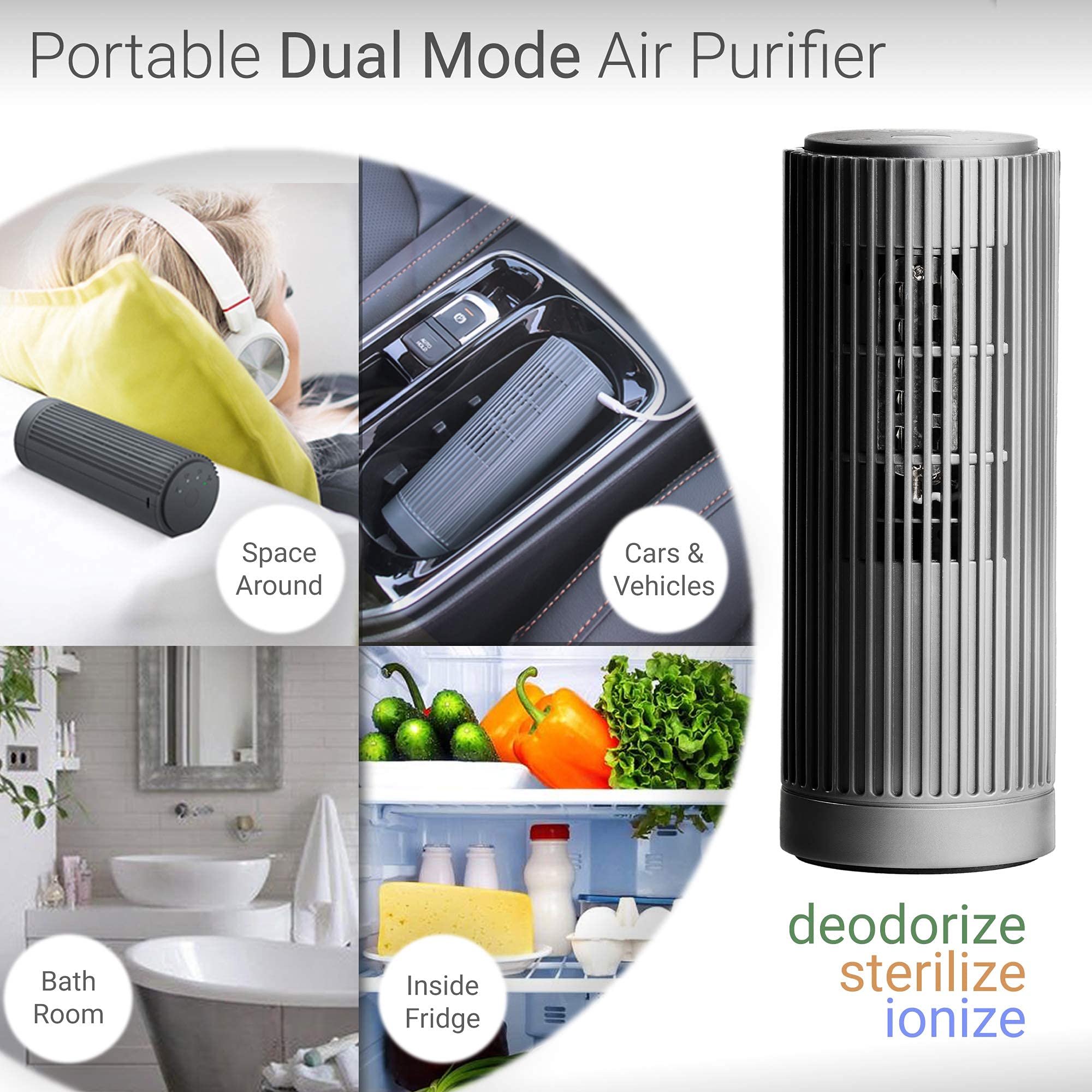 Portable Ozone Air Purifier - Travel Size Air Cleaner Ionizer - Rechargeable Anti-Microbial Ionizer for Car, Travel, Kitchen, Fridge - Dark Grey