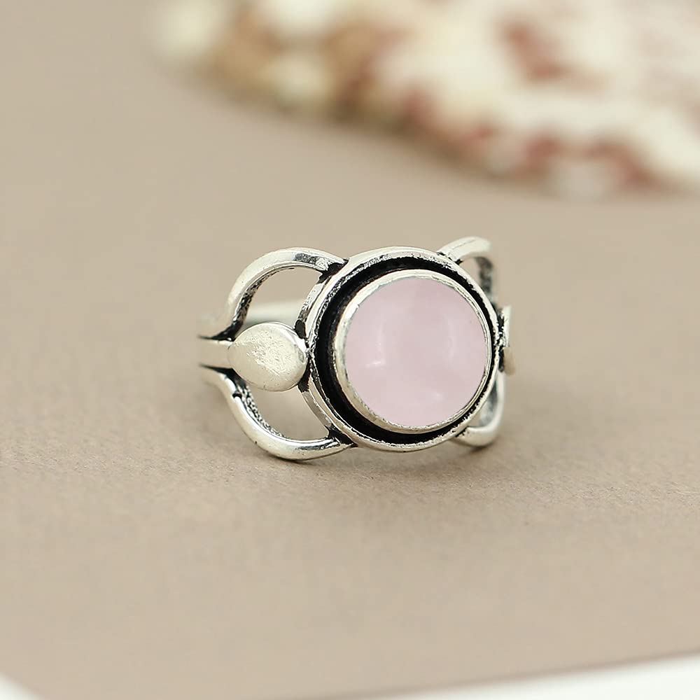 Rose Quartz Ring Size 6 Sterling Silver Plated For Women, Pink Stone January Birthstone Ring Jewelry Gift For Her