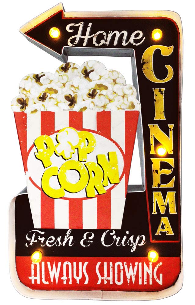 Popcorn Sign, LED Vintage Popcorn Decor Snacks Sign Wall Hanging Metal Handmade Marquee Embossed Tin Decor for Apartment, Home(Battery Operated)