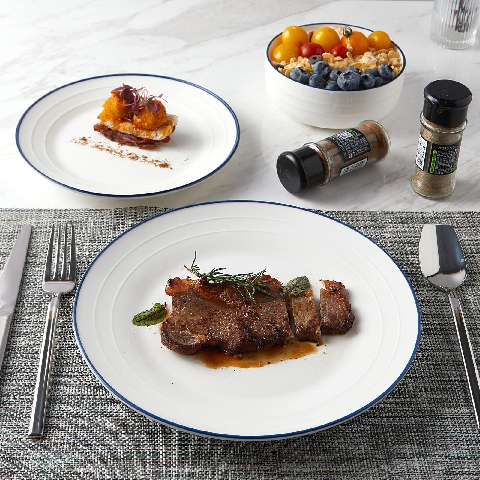 Pokini White Dinnerware Sets Service for 4, Dish Sets with Blue