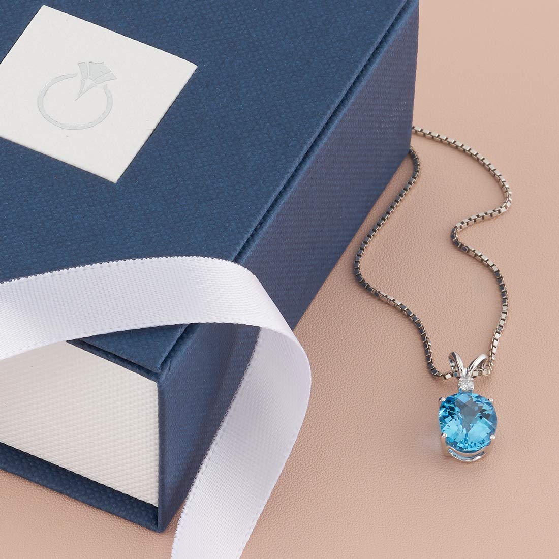 PEORA 14K White Gold Swiss Blue Topaz and Diamond Pendant for Women, Genuine Gemstone Birthstone Solitaire, 3 Carats total Oval Shape 10x8mm