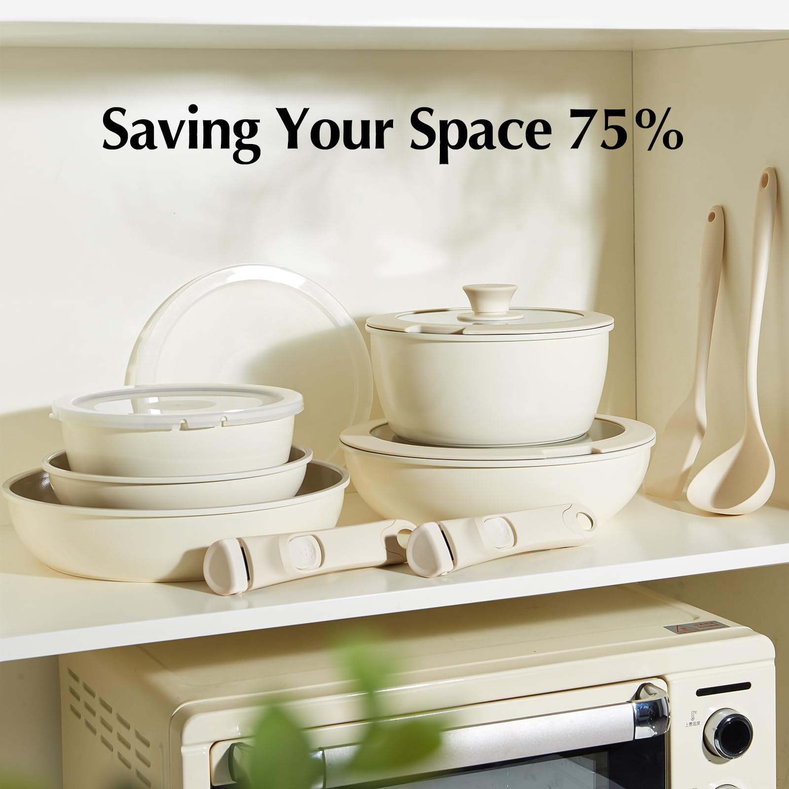 Non Stick Pots and Pan Set, Ceramic Cookware Set with Removable/Detachable Handle, Nonstick Induction Cooking Pan Set-Stackable for RV Camping, Non Toxic PFAS PFOA Free, Dishwasher Oven Safe