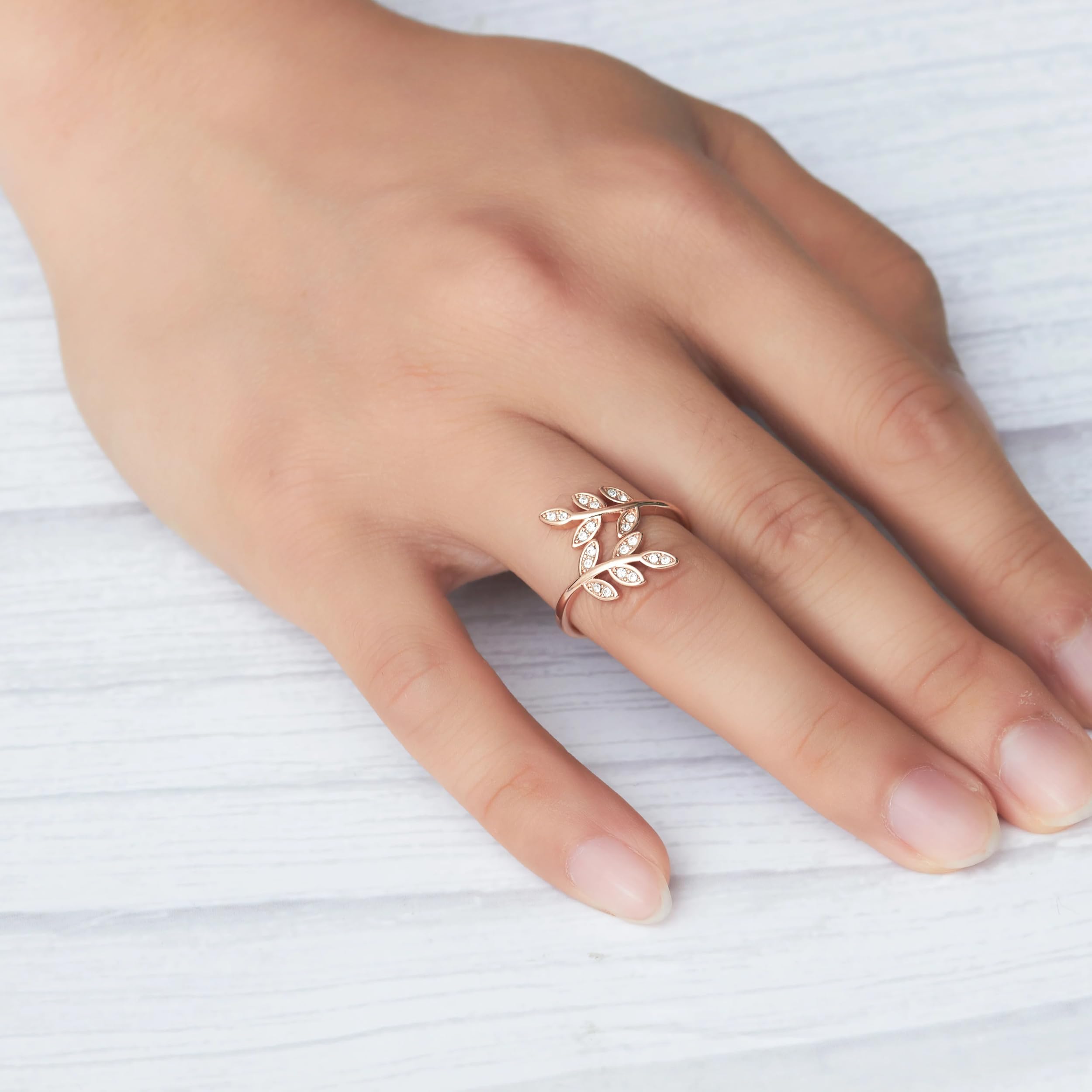 Philip Jones Rose Gold Plated Adjustable Leaf Ring Created with Zircondia® Crystals