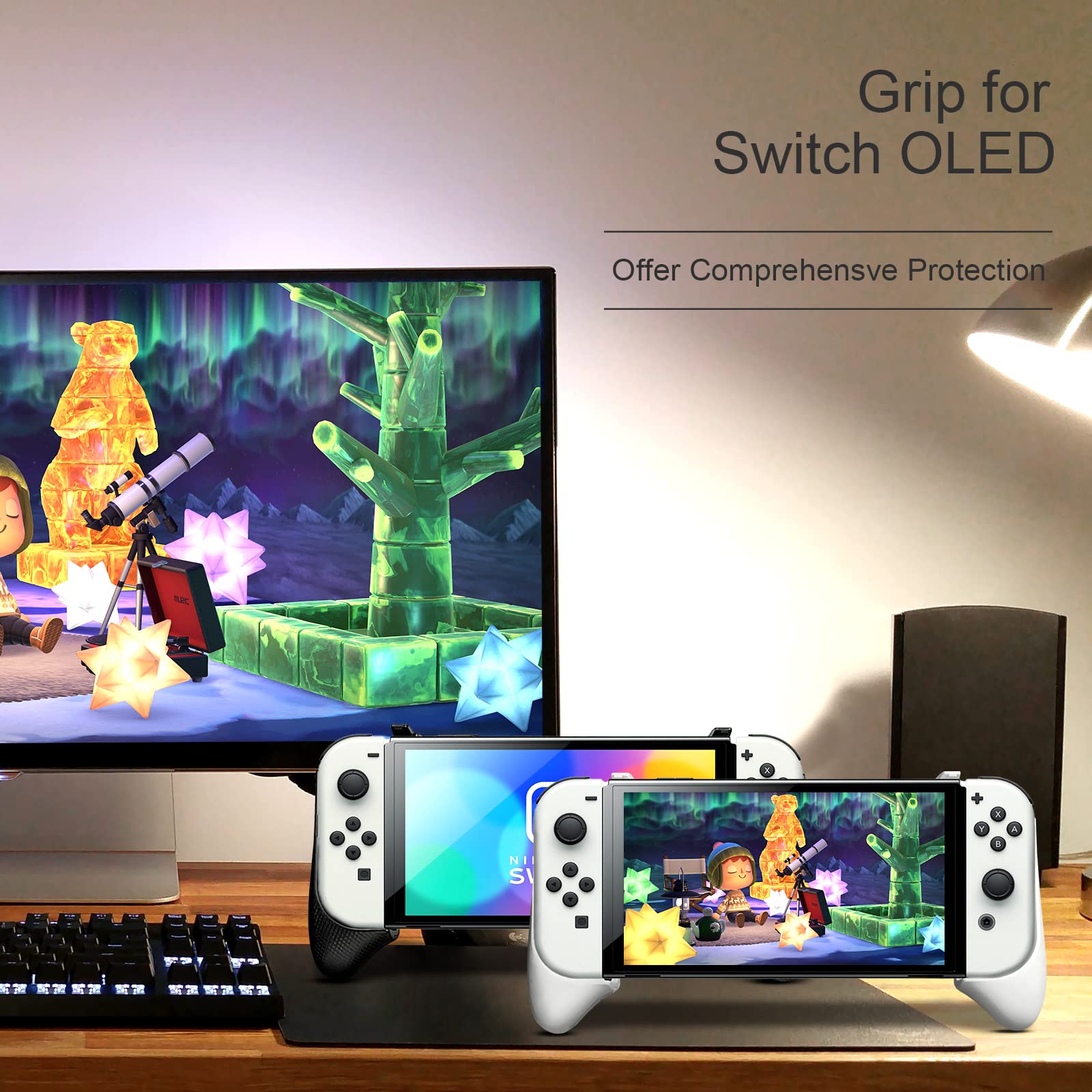 Switch OLED Grip, AKNES Switch OLED Console Folding Handle Grips Case with 4 Game Cards Store Slot, Comfort Ergonomic Handle Case for N-Switch OLED Model(2021) Black