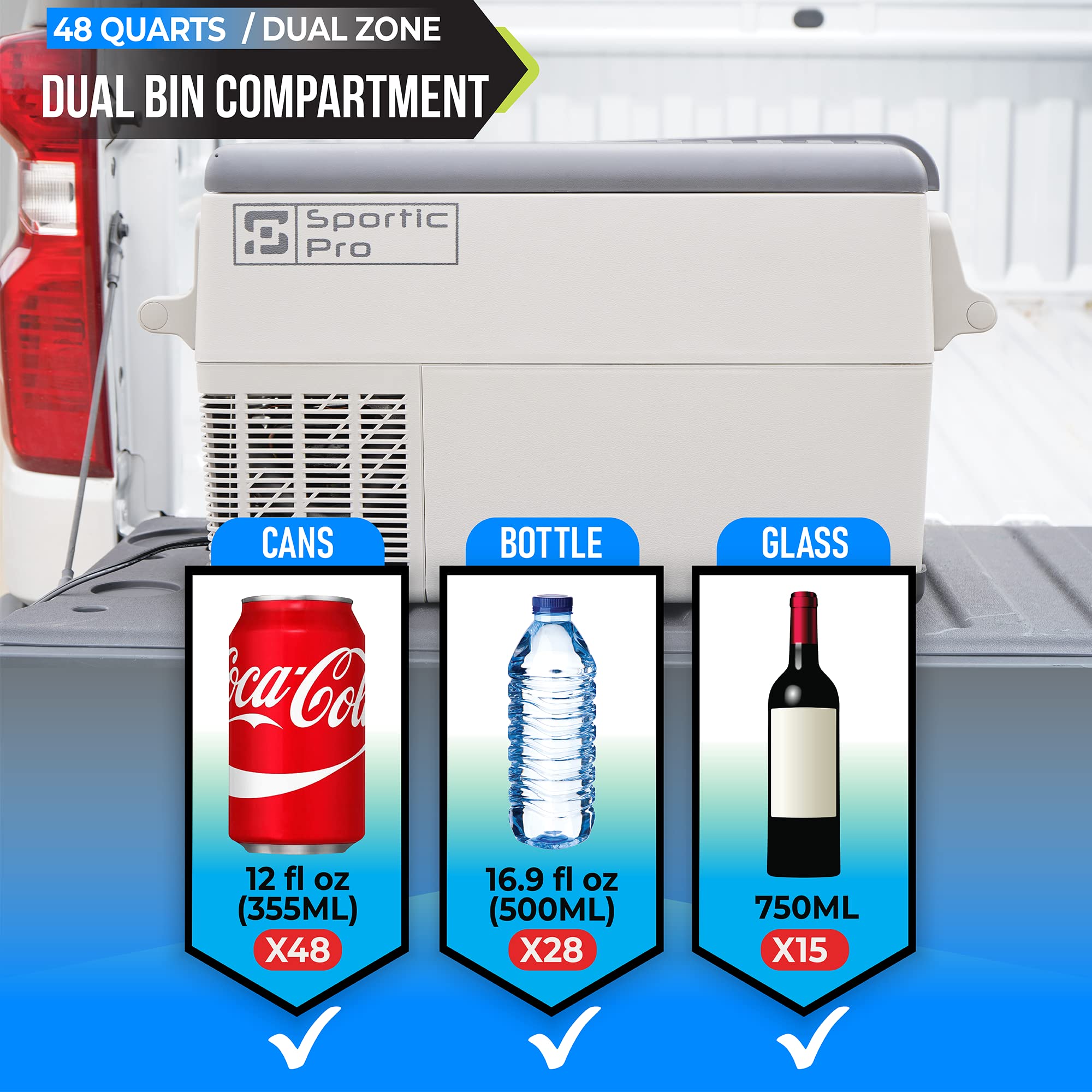 Portable Travel Refrigerator Freezer - Large Mini Fridge with (2) Temp Controlled Zones - Includes Dual Power For Camping, Boating, Traveling, Tailgating - Great For Storing Food, Drinks and Cosmetics