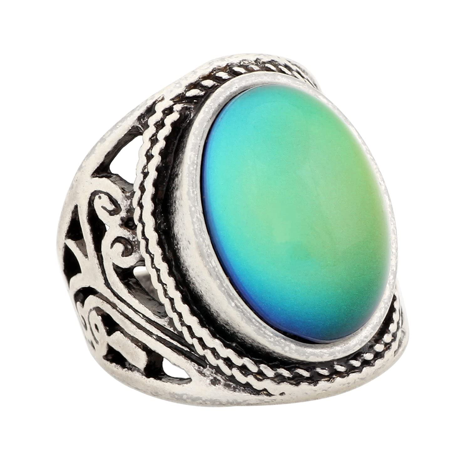 MY MOJOYAS Handmade Sterling Silver Plated Mood Ring with Unique Antique Pattern and Color-Changing Oval Stone for Men and Women Size 9