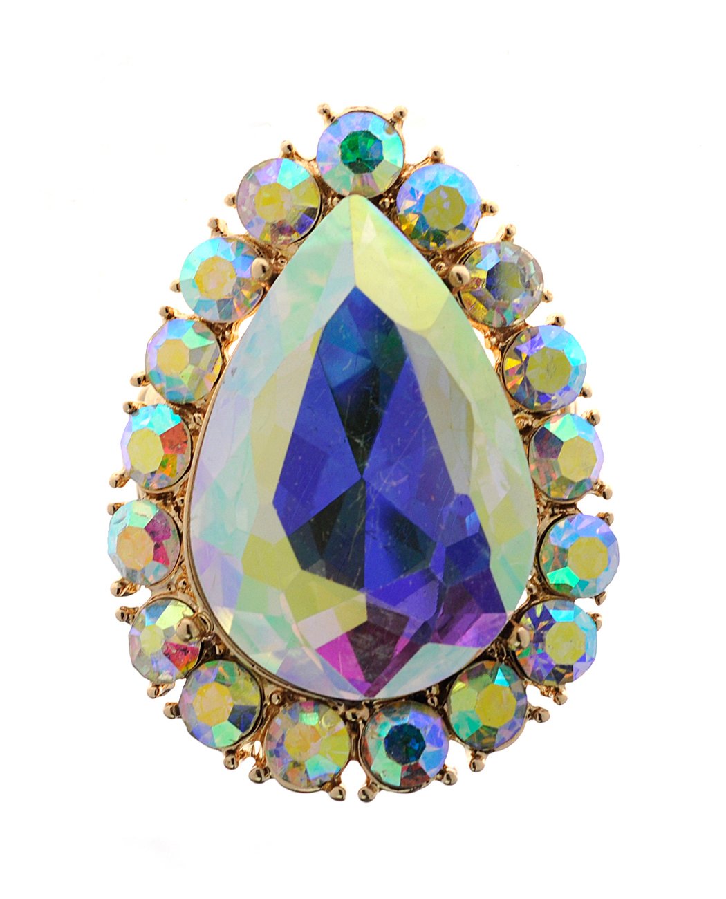 NYFASHION101 Women's Teardrop Stone Studs Fashion Stretch Ring, Aurora Borealis/Gold-Tone