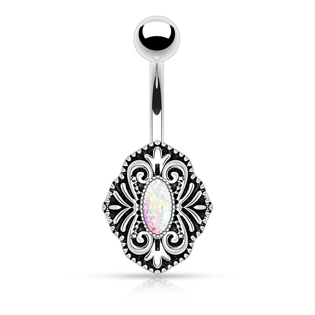 Pierced Owl 14GA 316L Stainless Steel Opal Glitter Vintage Victorian Style Tribal Belly Button Ring (Silver Tone)