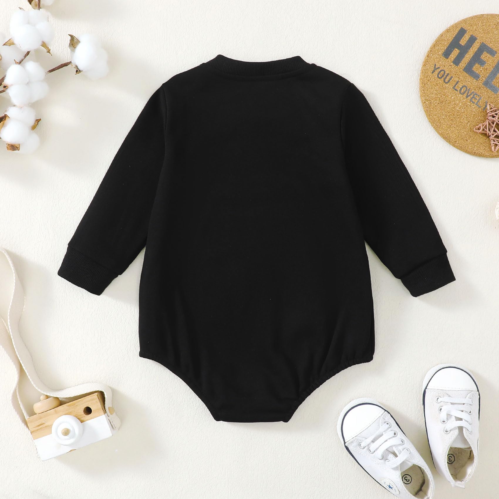 OPAWO Baby Sweatshirt Romper Onesie Newborn Boy Girl Bubble Romper Infant Crewneck Oversized Sweater Long Sleeve Pocket Bodysuit Fall Winter Clothes Outfits(Black,6-9Months)