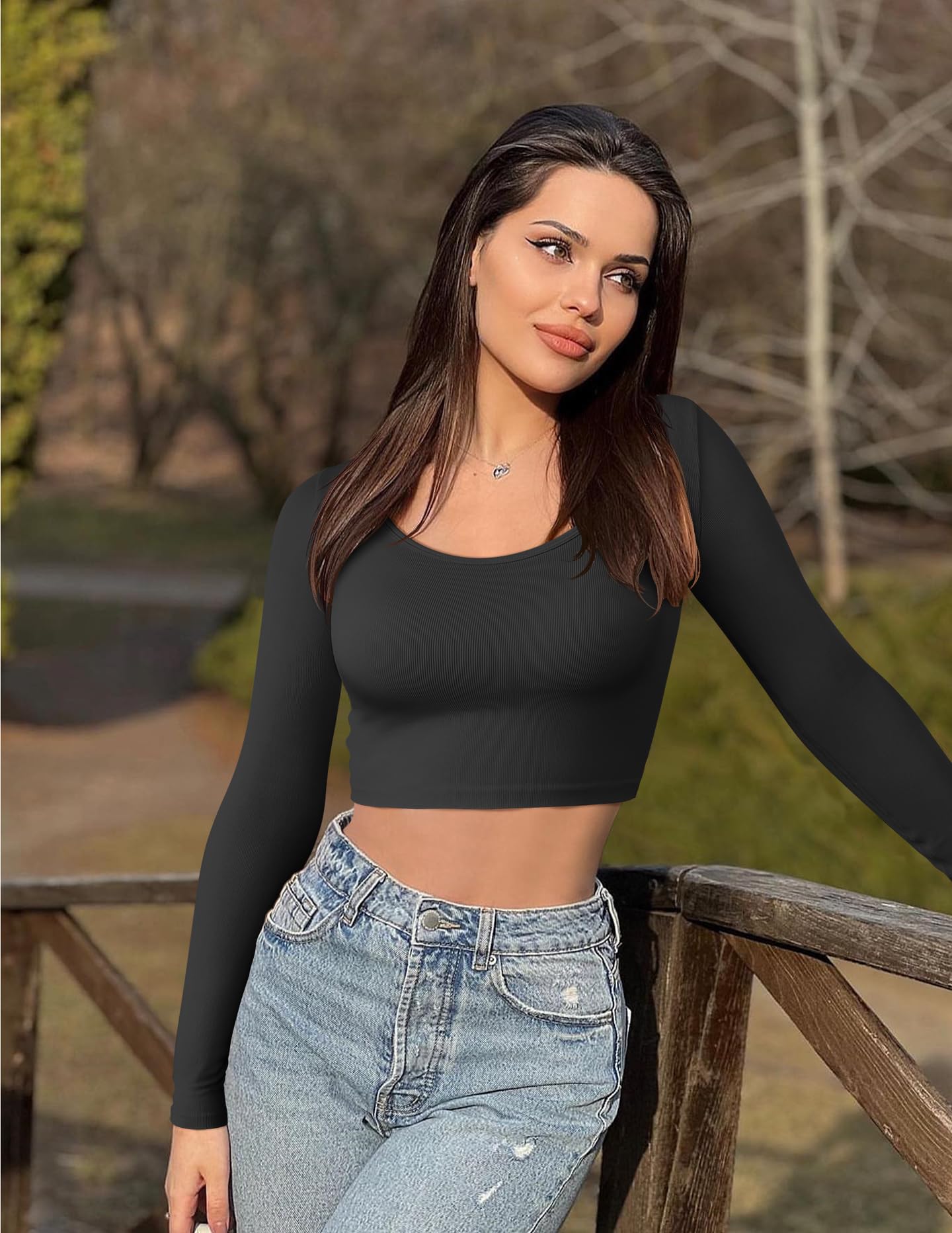 OQQ Women's 3 Piece Crop Tops Long Sleeve Round Neck Stretch Fitted Underscrubs Shirts Crop Tops Black Coffee White