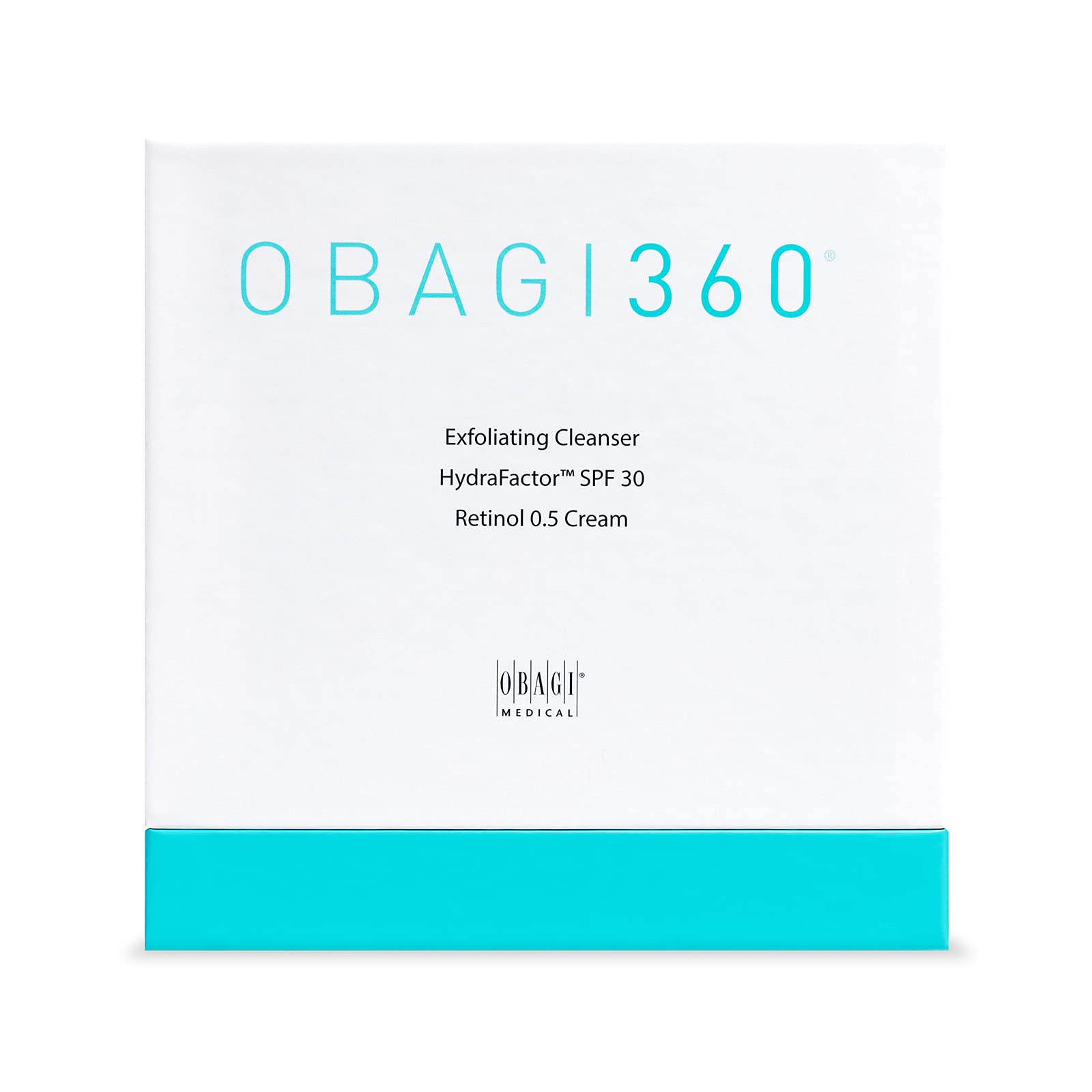 Obagi Medical 360 System, 3 Piece Kit. Includes: Exfoliating Face Cleanser, HydraFactor Broad Spectrum SPF 30 Sunscreen, Retinol Moisturizer Cream for Face. Pack of 1