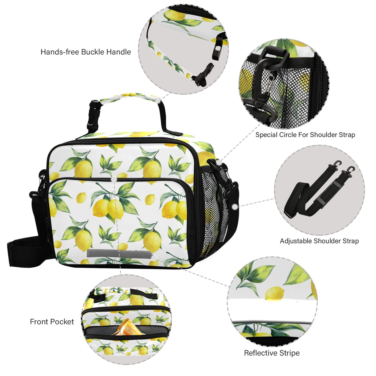 VIGTRO Vintage Lemon Spring Lunch Bag, Leak-proof Durable Lunch Box with External Mesh Bottle Holder, Reusable Insulated Lunchbox Tote/Cooler Bag for Kids Age Over 3 Years Old