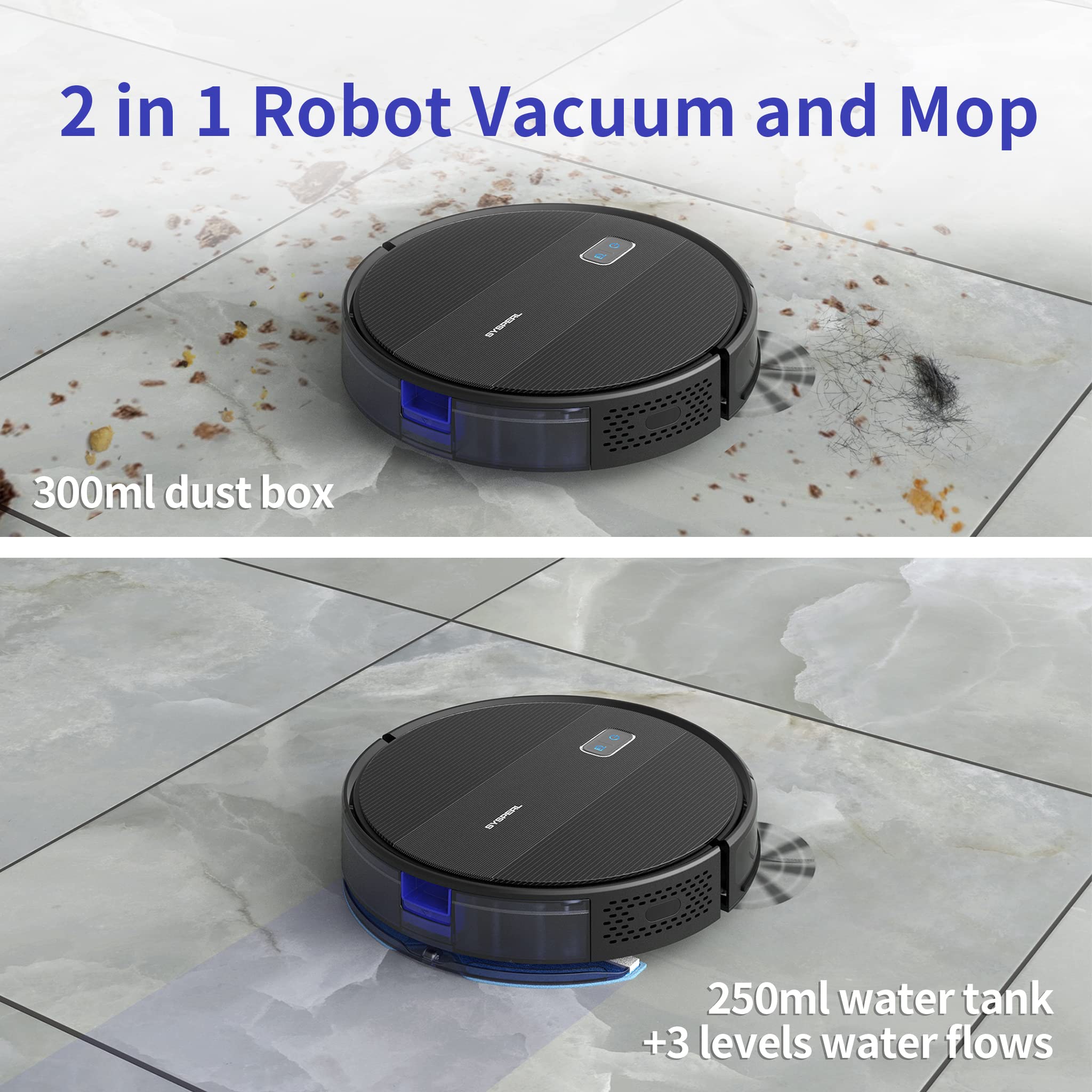 SYSPERL 2 in 1 Robot Vacuum and Mop, 2600Pa Robot Vacuum Cleaner with Mapping Technology, WiFi/Alexa/APP/Remote Control Self Charging Vacuum for Hardwood Floors, Carpet, Ideal for Pet Hair