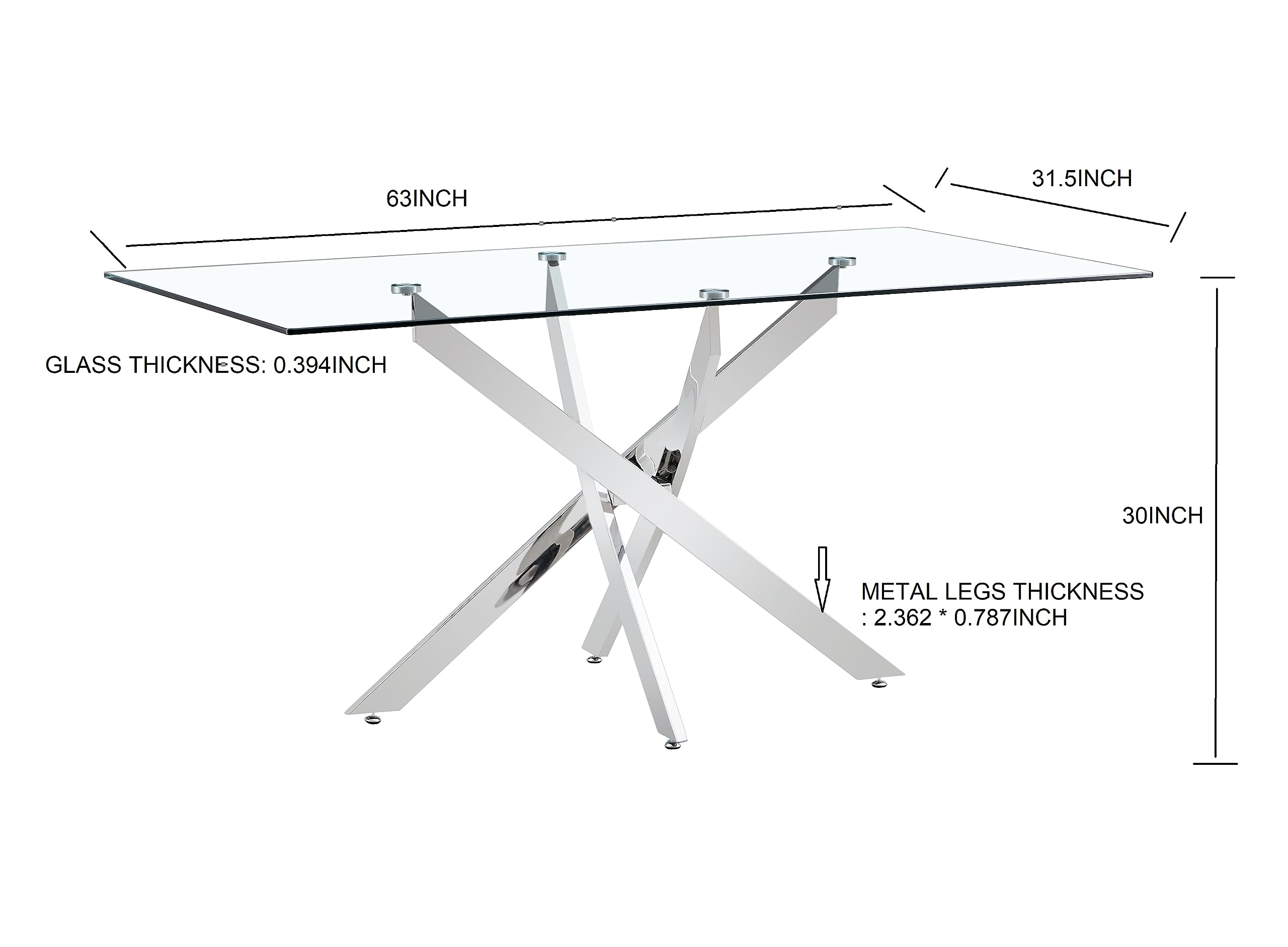 Nicemoods 63" Tempered Glass Dining Table for 4-6 with Stainless Steel Legs, Rectangular Modern Kitchen Table for Dining Room, Restaurant, Office with Gold Finish