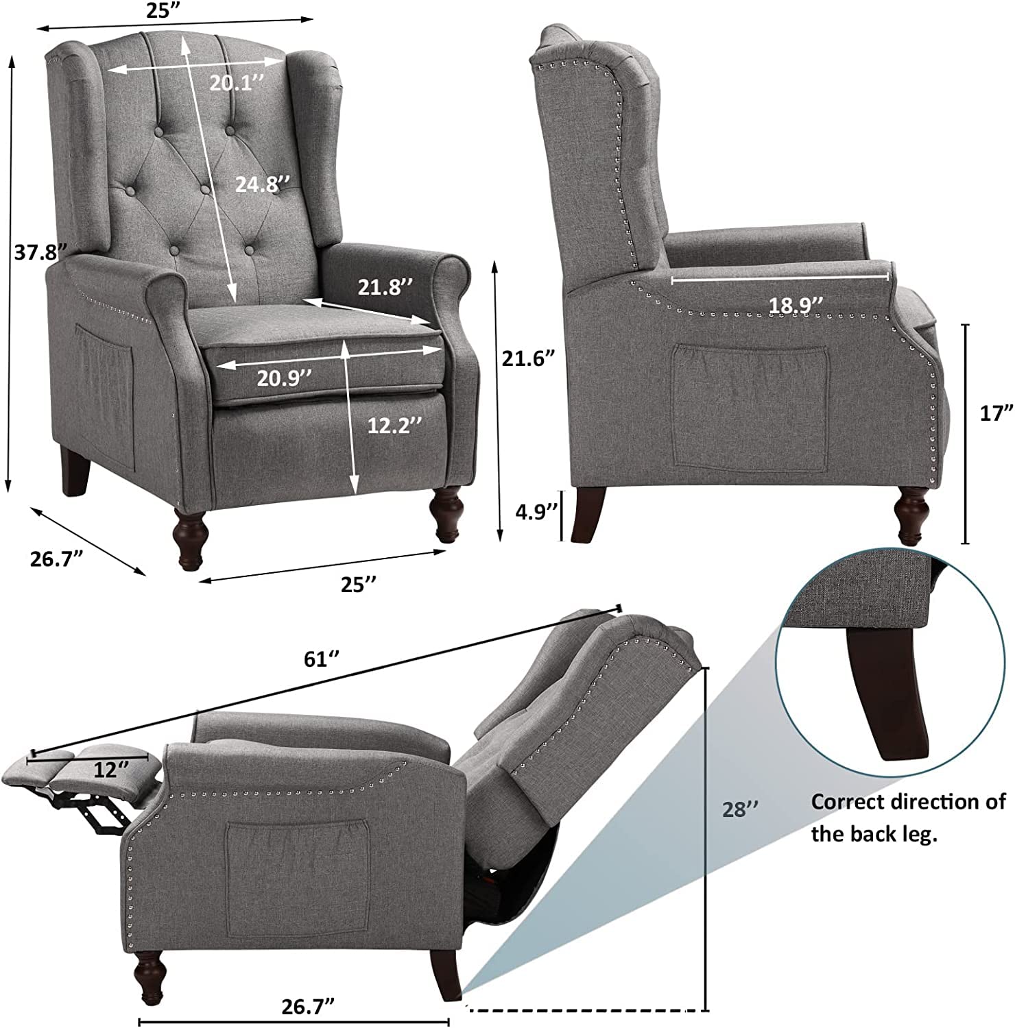 OQQOEE Wingback Recliner Chair Fabric Push Back Accent Chairs Diamond Tufted Reclining Armchair with Adjustable Backrest and Thicken Padded Cushions for Living Room, Bedroom (Fabric, Dark Grey)