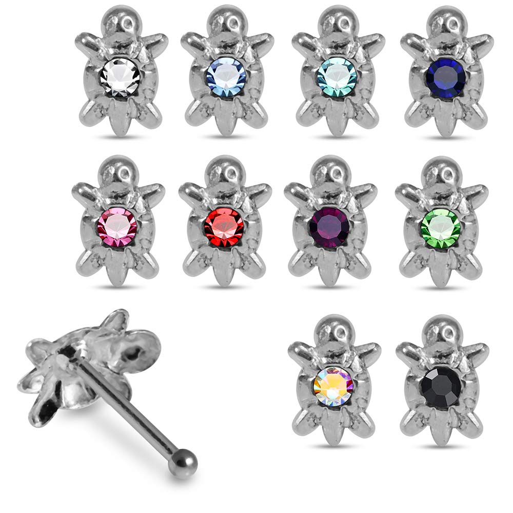 Pack of 20 Pieces Mix Color 22G Sterling Silver Turtle Ball End Nose Pin Stud